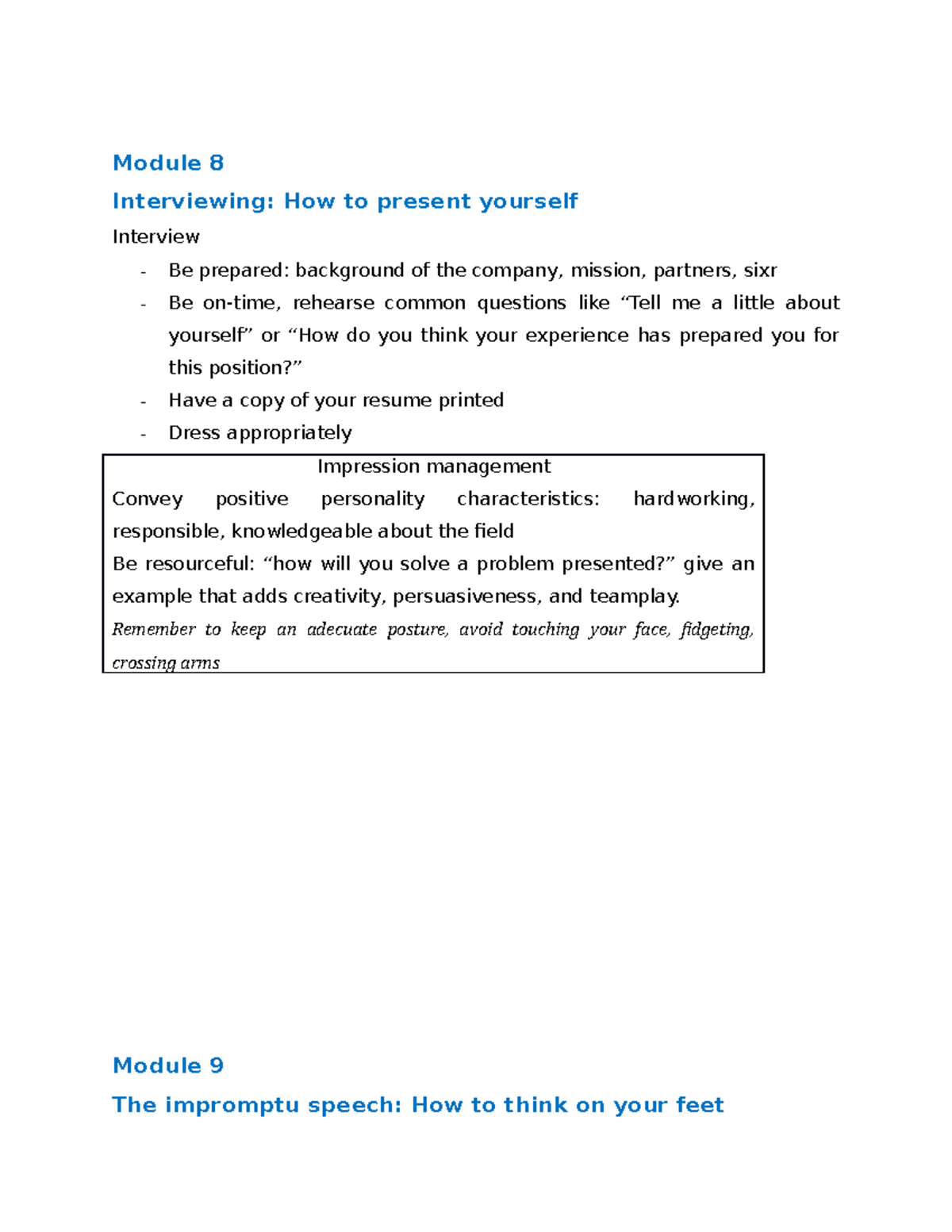 SPC Module 8 & 9 - Interviewing: How to present yourself & The ...