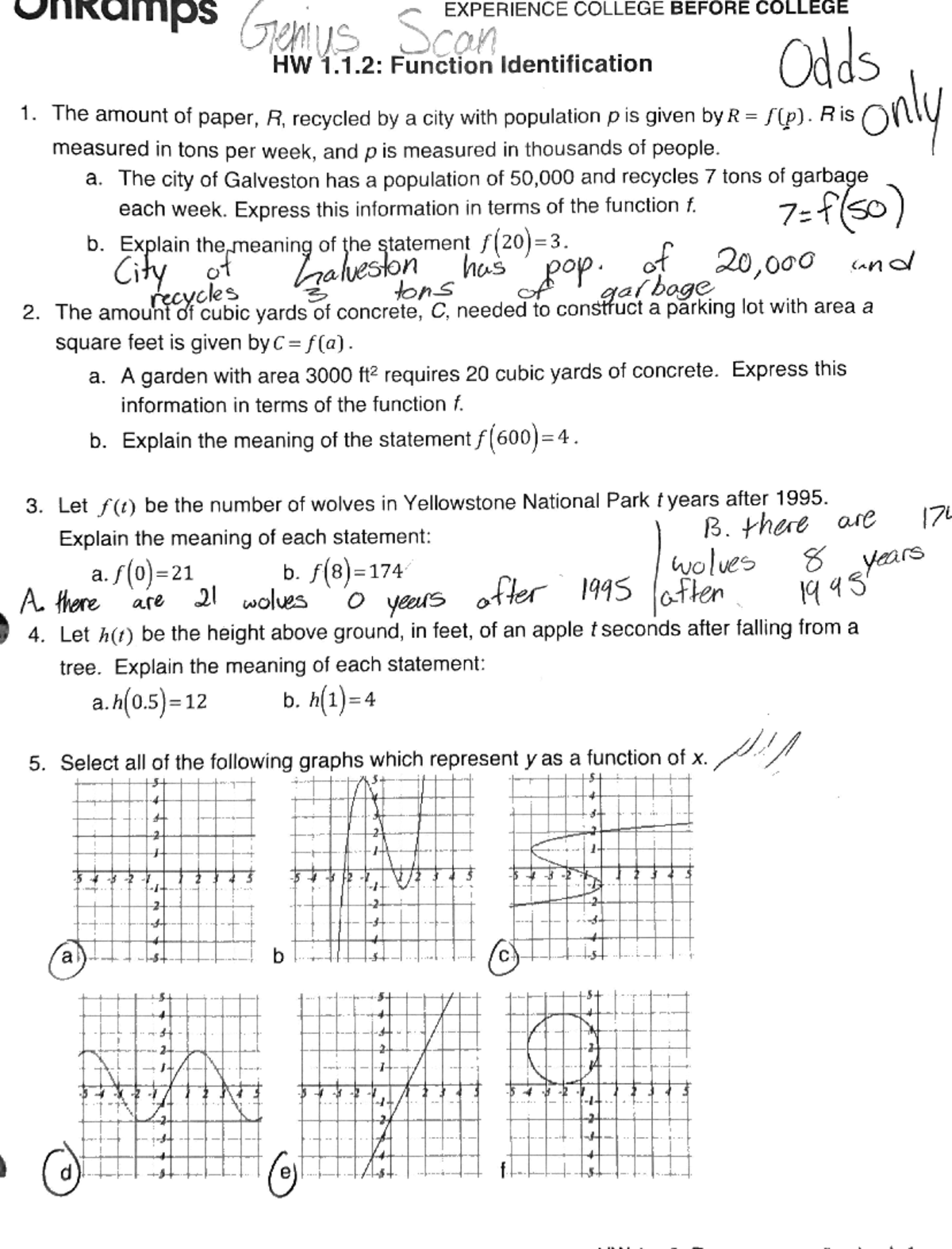 Onramps homework - ORRAMPS Genius Scan EXPERIENCE COLLEGE BEFORE COLLEGE HW 1.1: Function - Studocu