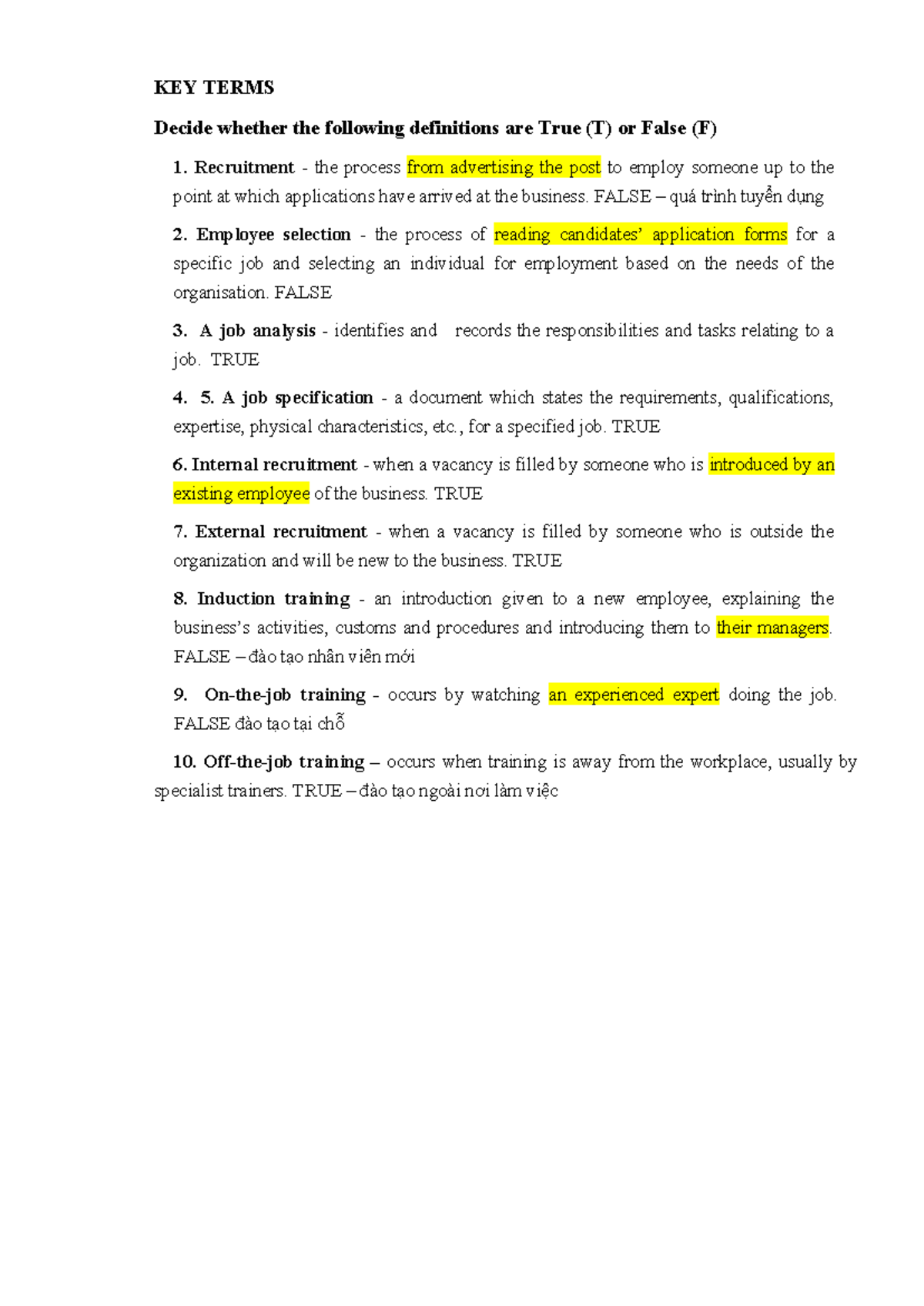 KEY Terms- true false - KEY TERMS Decide whether the following ...