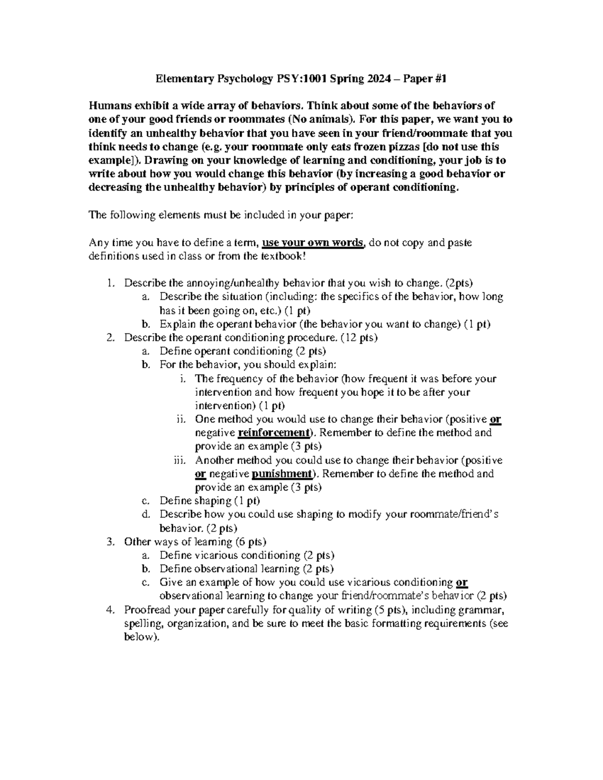 Writing Assignment #1 - Elementary Psychology PSY:1 001 Spring 2024 ...
