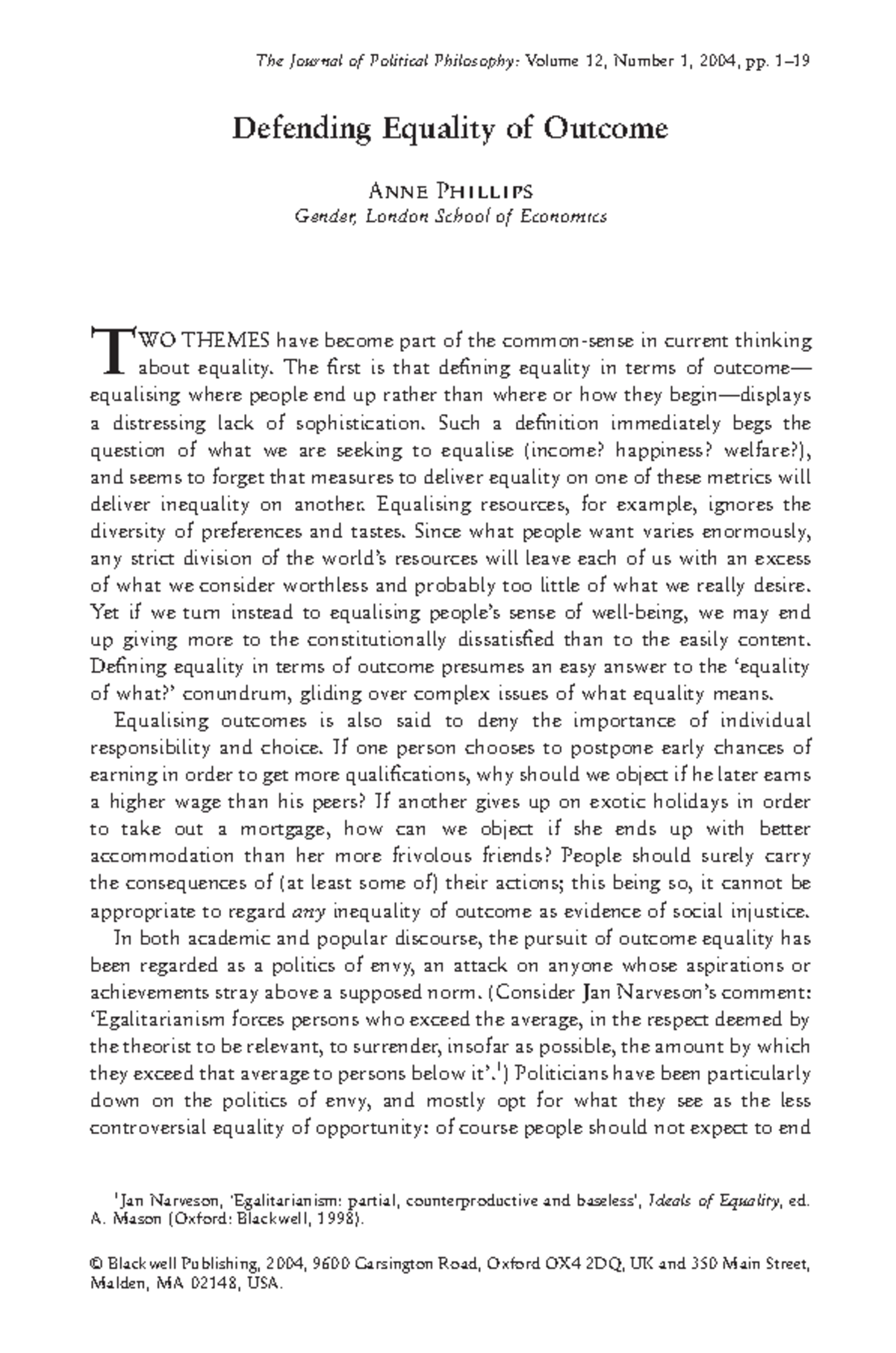 Phillips - Equality of outcome - Defending Equality of Outcome Anne ...