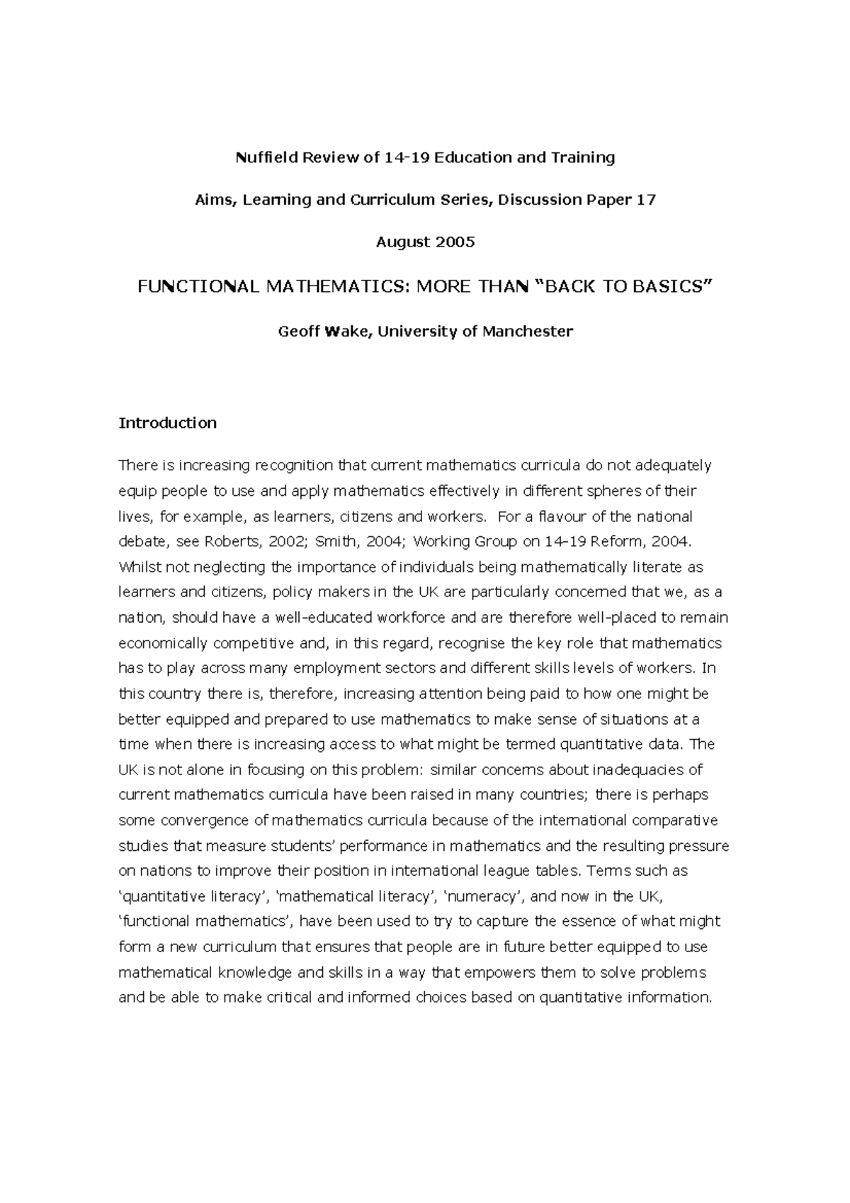 Functional Mathematics MORE THAN BACK TO - Nuffield Review of 14-19 ...