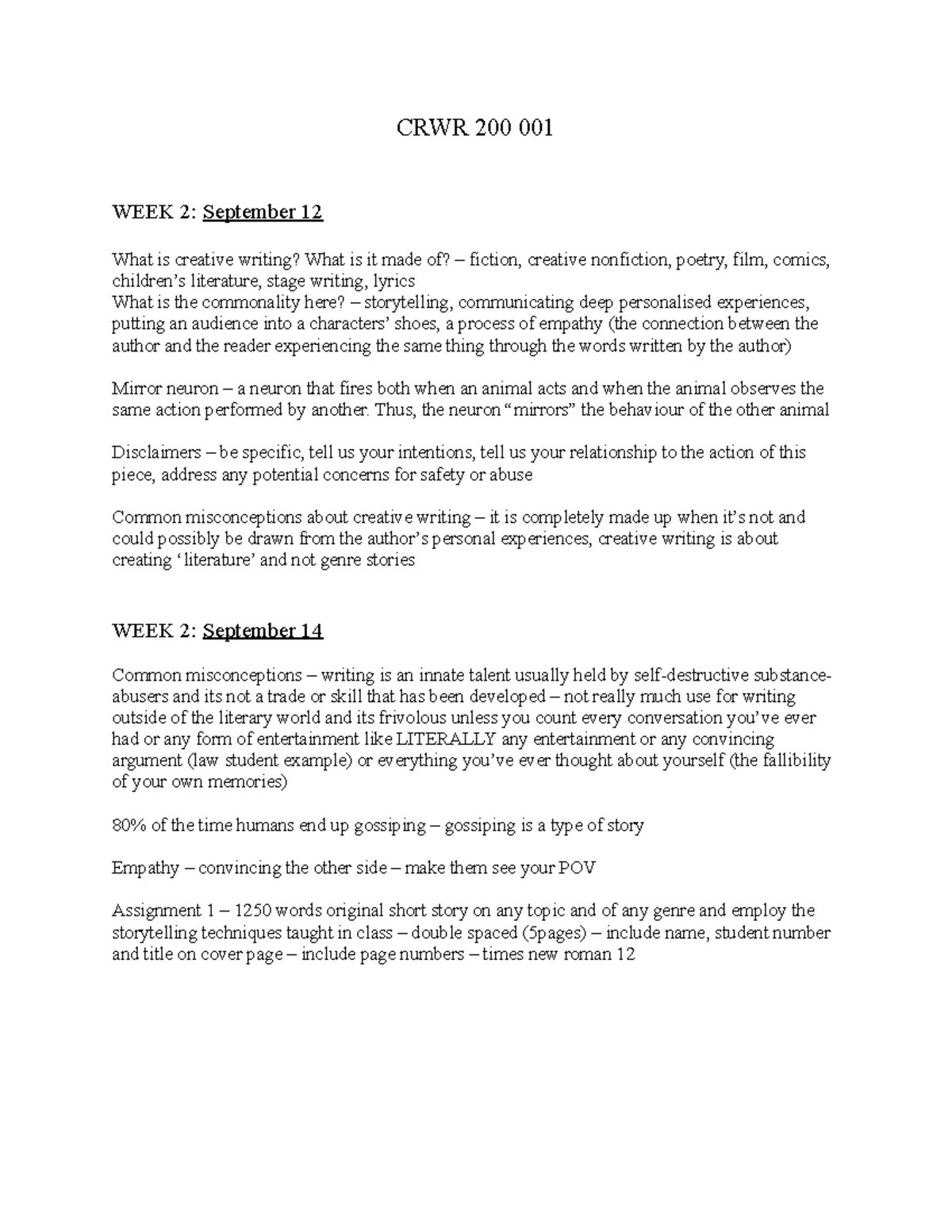 CRWR 200 001 - Lecture notes - CRWR 200 001 WEEK 2: September 12 What ...