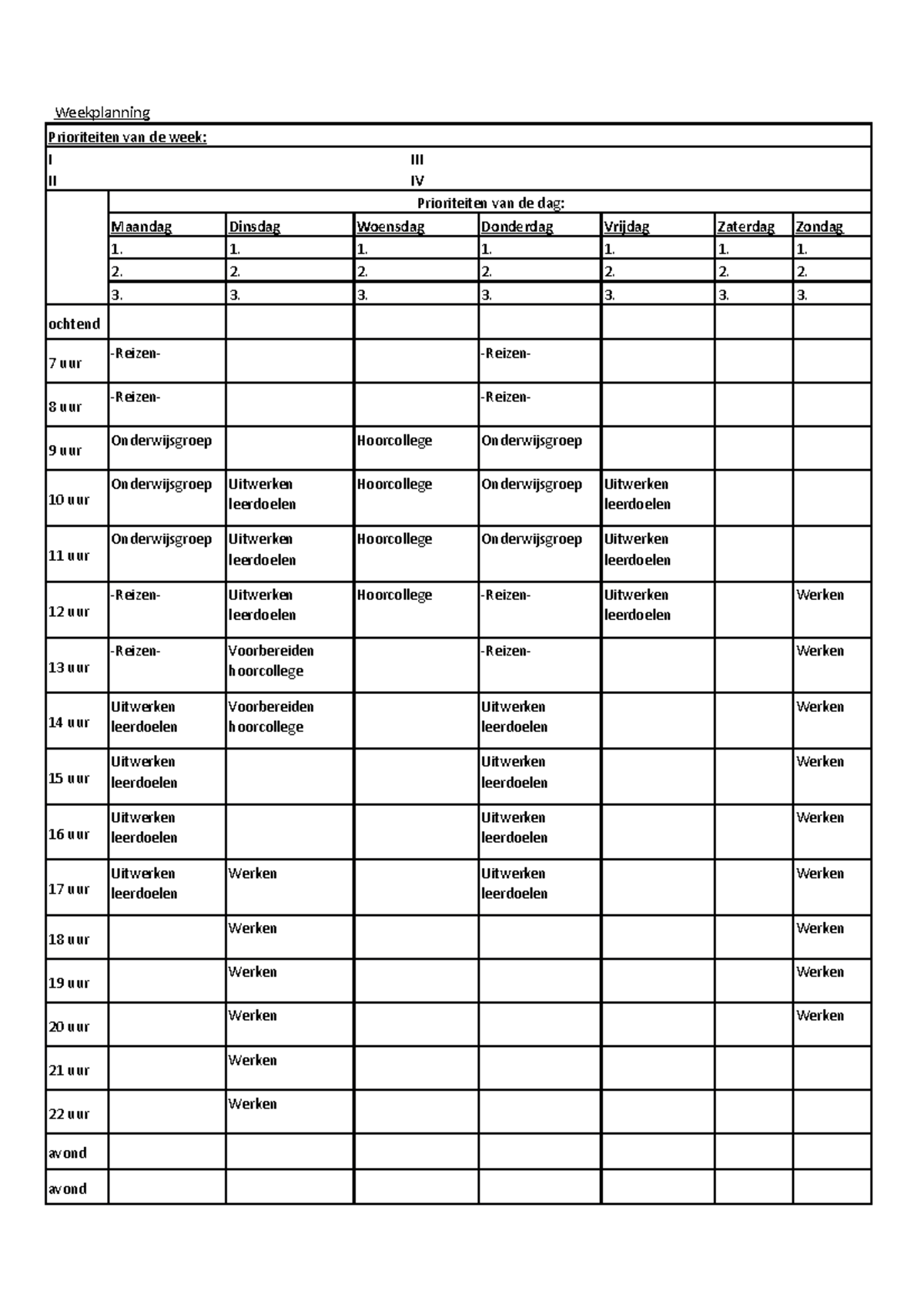 voorbeeld weekplanner, gedeeltelijk ingevuld - Weekplanning ...