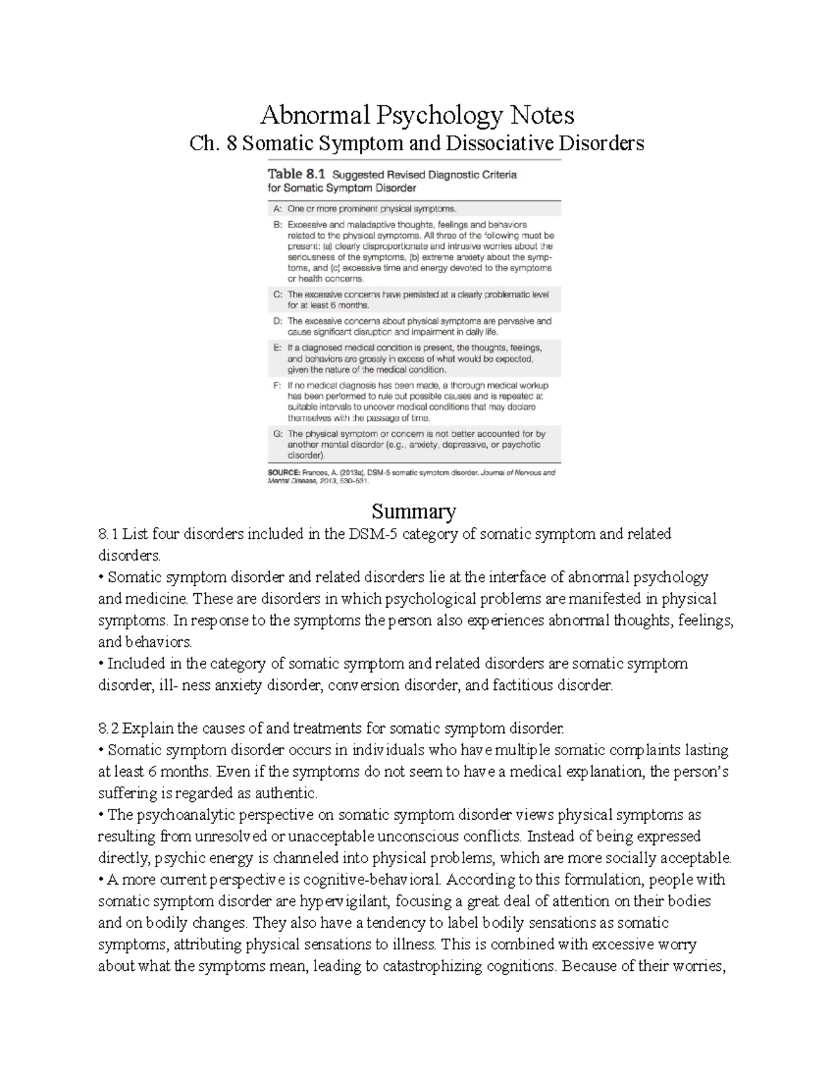 Abnormal Psychology Notes Ch - 8 Somatic Symptom and Dissociative ...