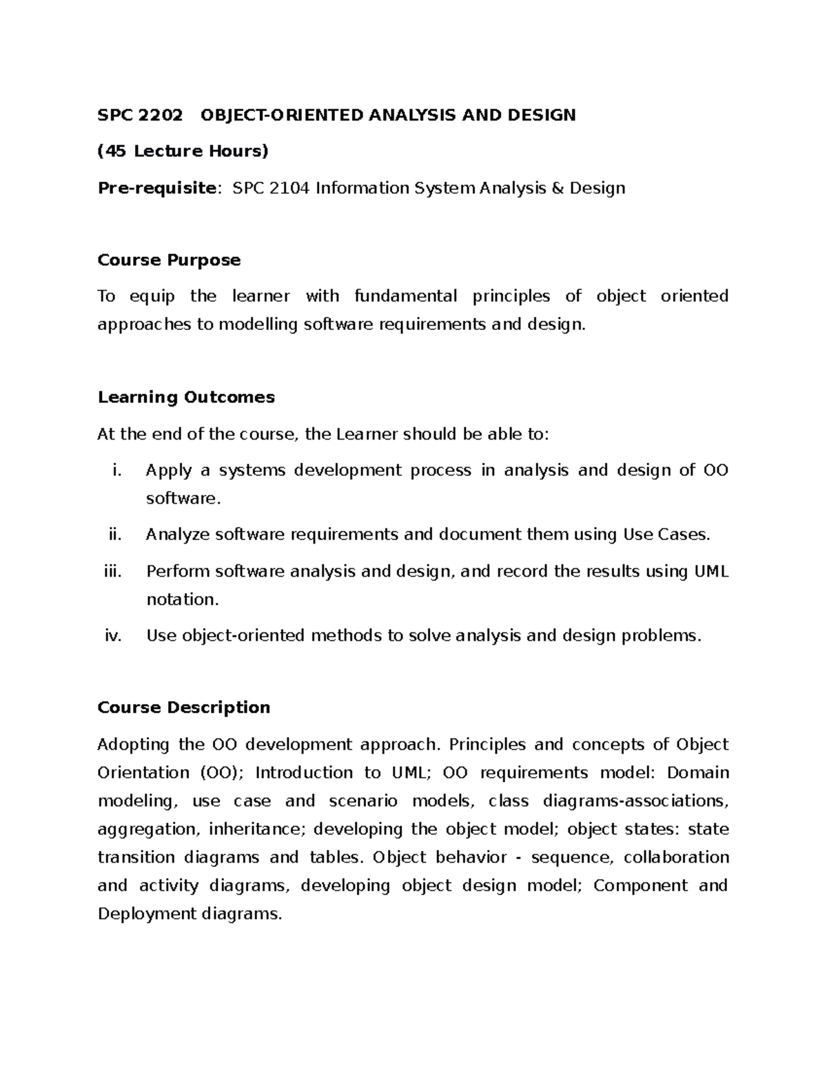 SPC 2202 OOAD Course Outline - SPC 2202 OBJECT-ORIENTED ANALYSIS AND DESIGN (45 Lecture Hours ...