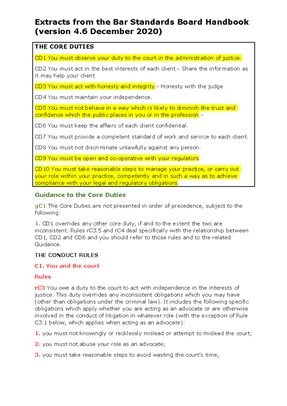 Extracts from the Bar Standards Board Handbook December 2020 - (version ...