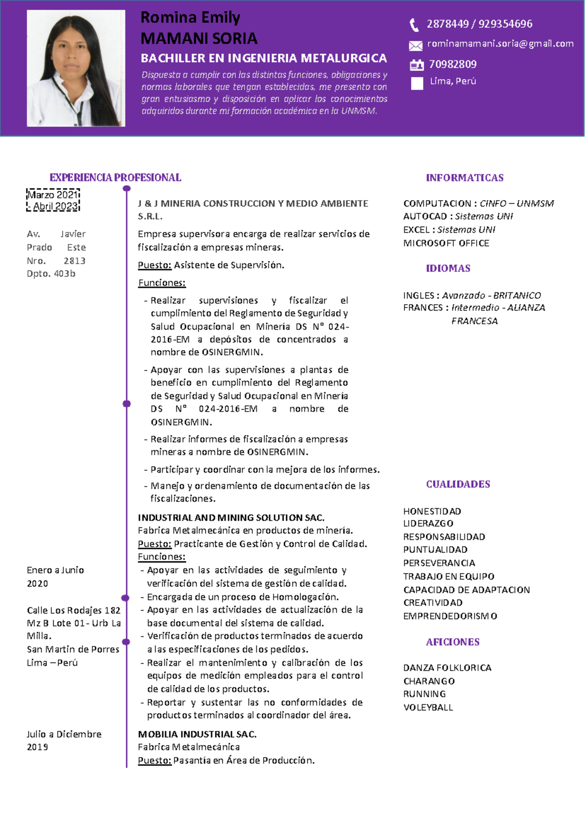 CV Romina 2023 - curriculum vitae - Romina Emily MAMANI SORIA BACHILLER EN INGENIERIA ...