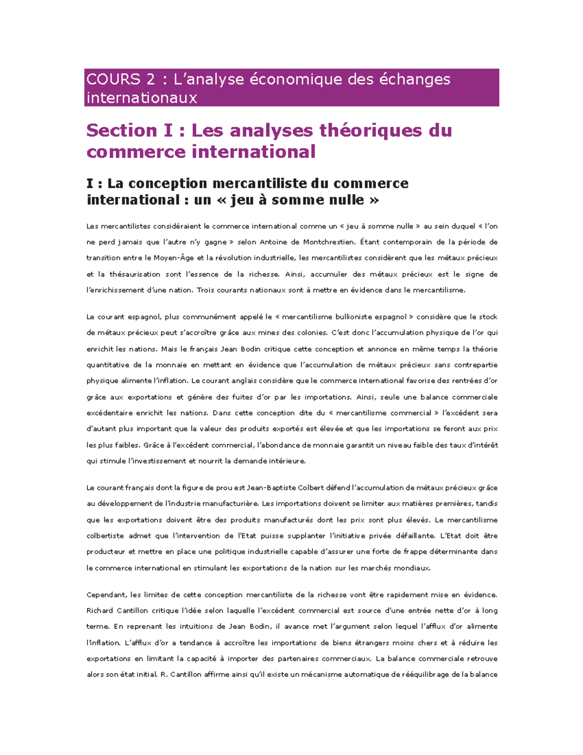 Cours 2 L’analyse économique des échanges internationaux - COURS 2 : L ...