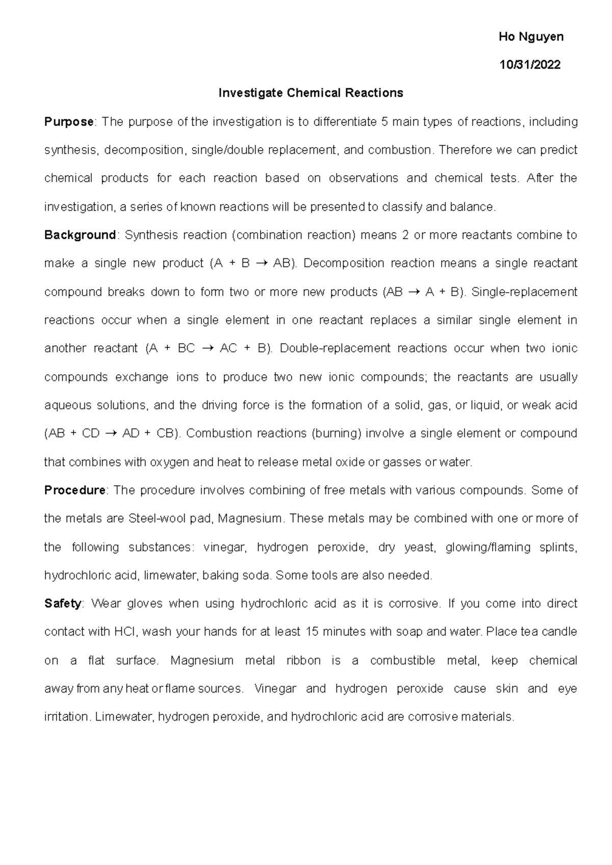 Synopsis Investigate Chem Reactions - Ho Nguyen 10/31/ Investigate ...
