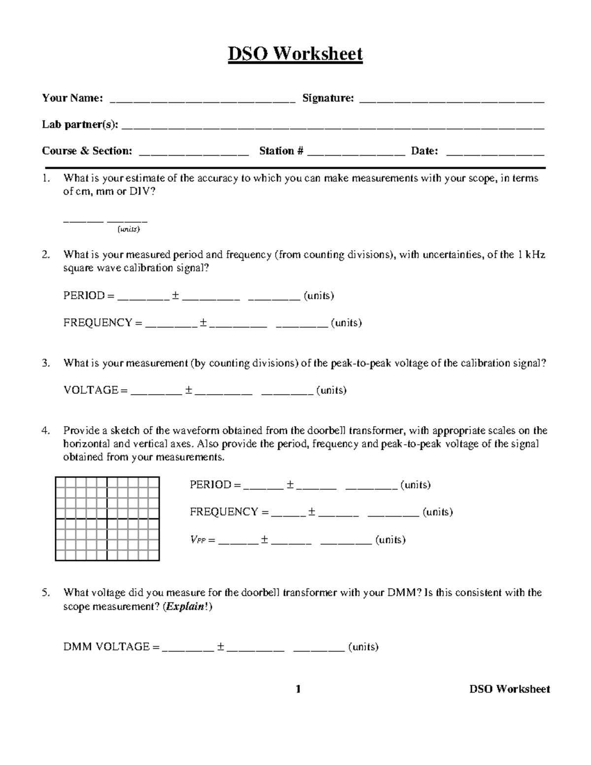 Digital Oscilloscope Worksheet - 1 DSO Worksheet DSO Worksheet Your ...