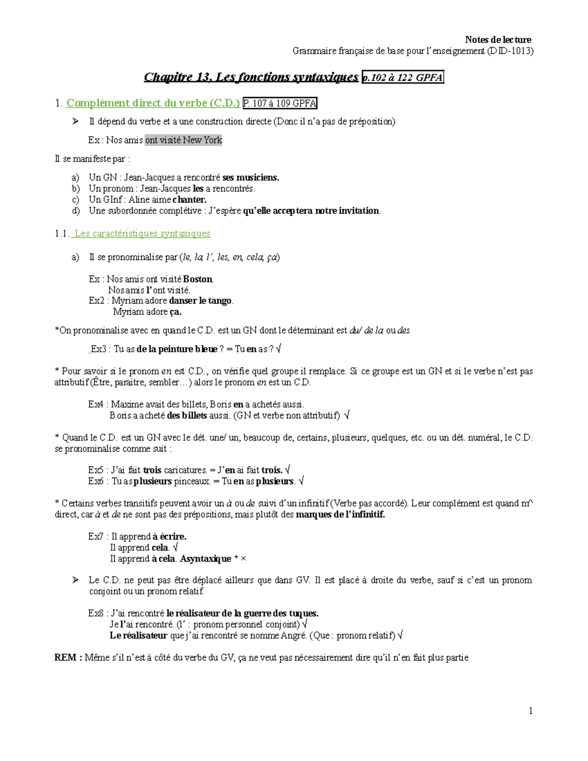 Fonctions syntaxiques et classe de mots - Grammaire française de base ...