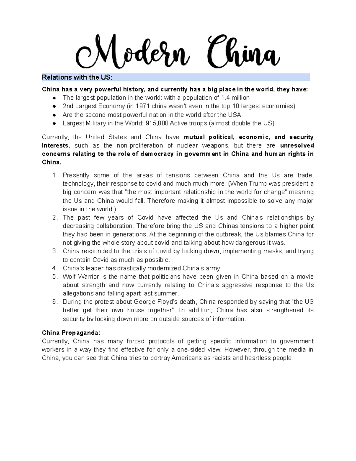 China Present and Qing - Relations with the US: h China has a very ...