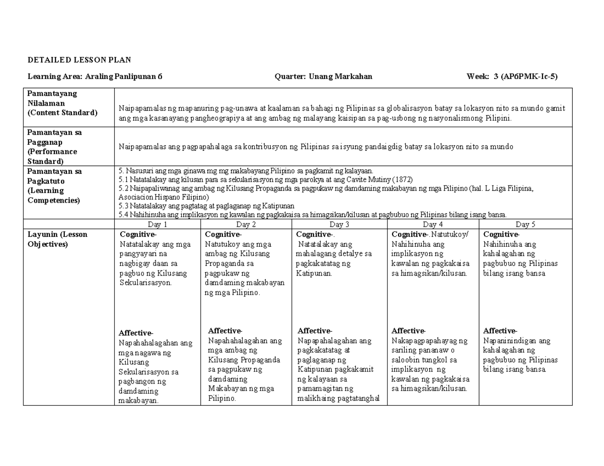 DLP Q1 W3 - Daily Lesson Plan - DETAILED LESSON PLAN Learning Area: Araling Panlipunan 6 Quarter ...