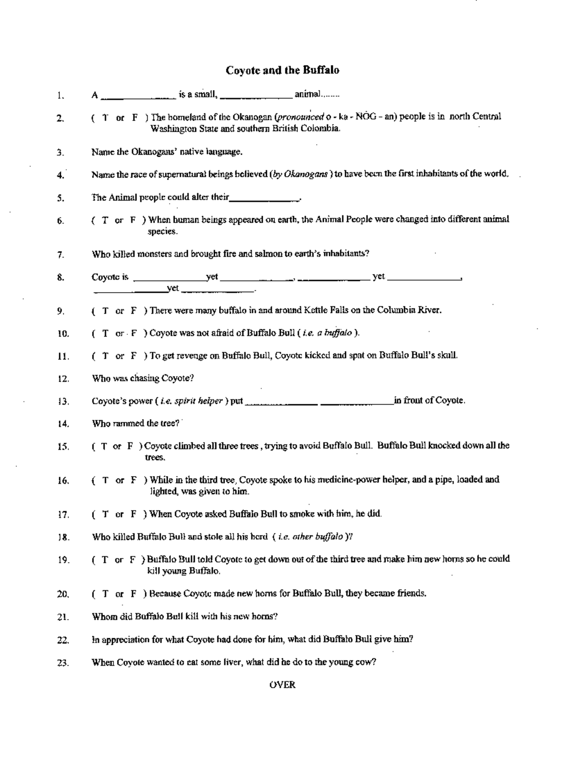 Coyoteandthe Buffalo by Mourning Dove Guided Reading Worksheet-1 - Studocu