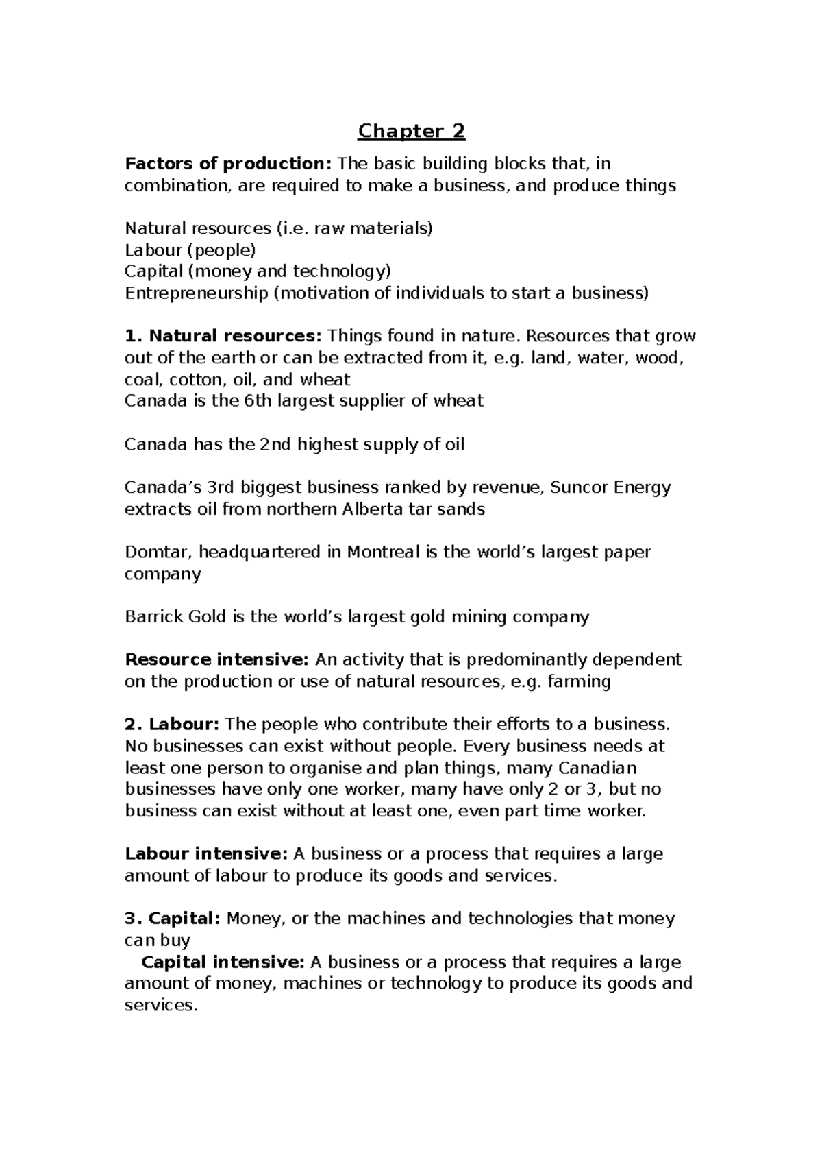 MGTA Chapter 2 - MGTA01 notes - Chapter 2 Factors of production: The ...