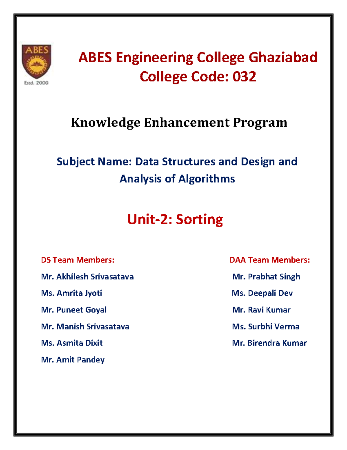 Sorting - Knowledge Enhancement Program Subject Name: Data Structures ...