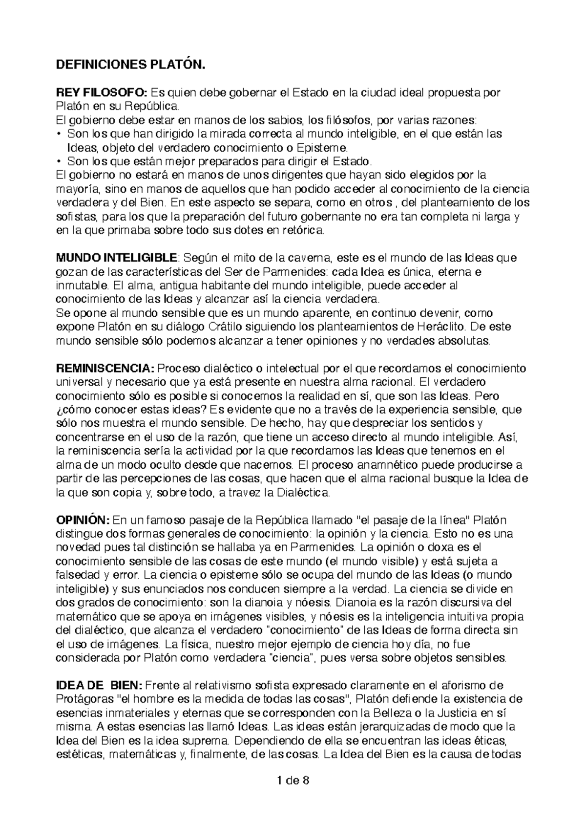 Filosofia PAU - Apuntes - DEFINICIONES PLATÓN. REY FILOSOFO: Es quien ...