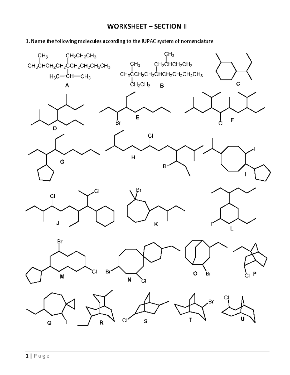 Worksheet - II - WORKSHEET – SECTION II 1. Name the following molecules ...