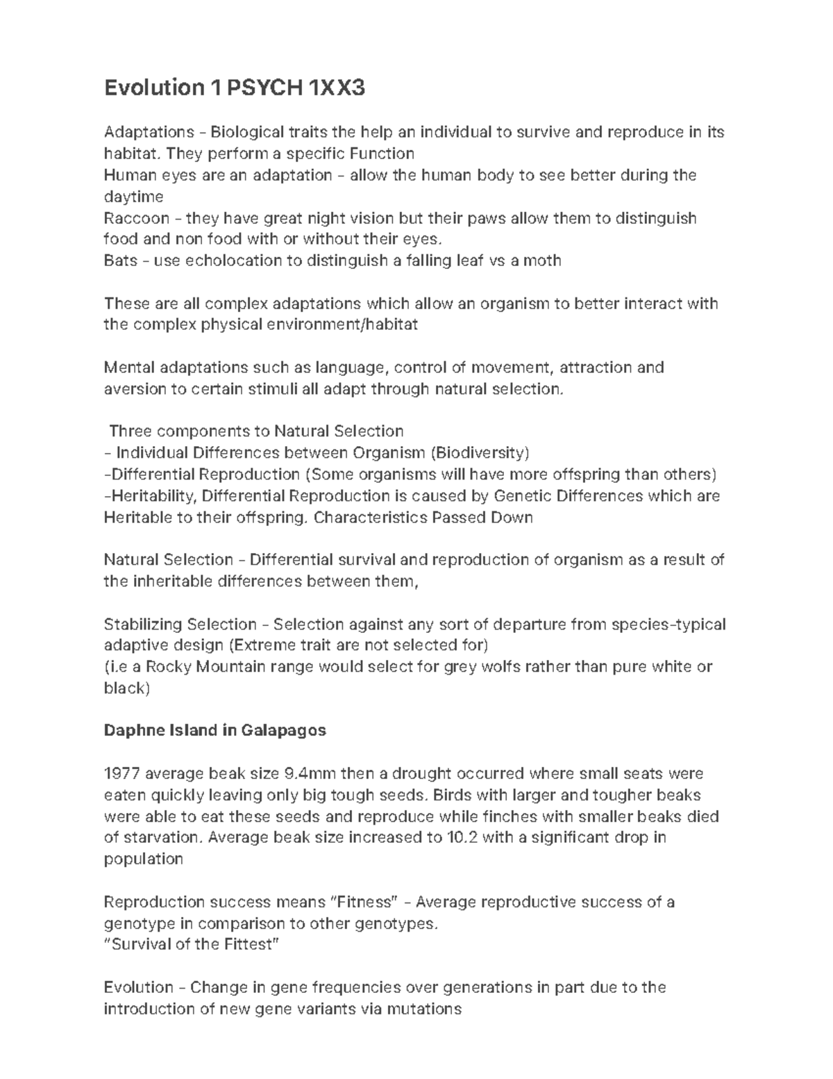 Evolution 1 PSYCH 1XX3 - Evolution 1 PSYCH 1XX Adaptations - Biological traits the help an - Studocu