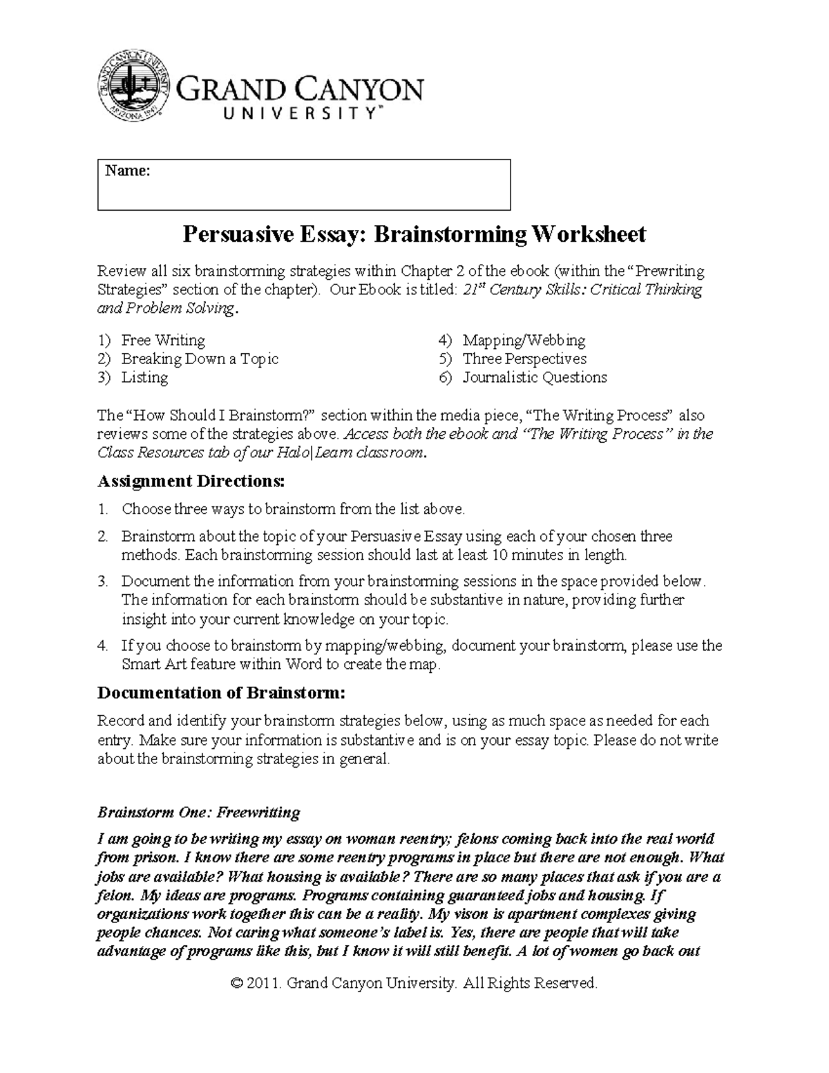 Brainstorming worksheet - Name: Persuasive Essay: Brainstorming ...