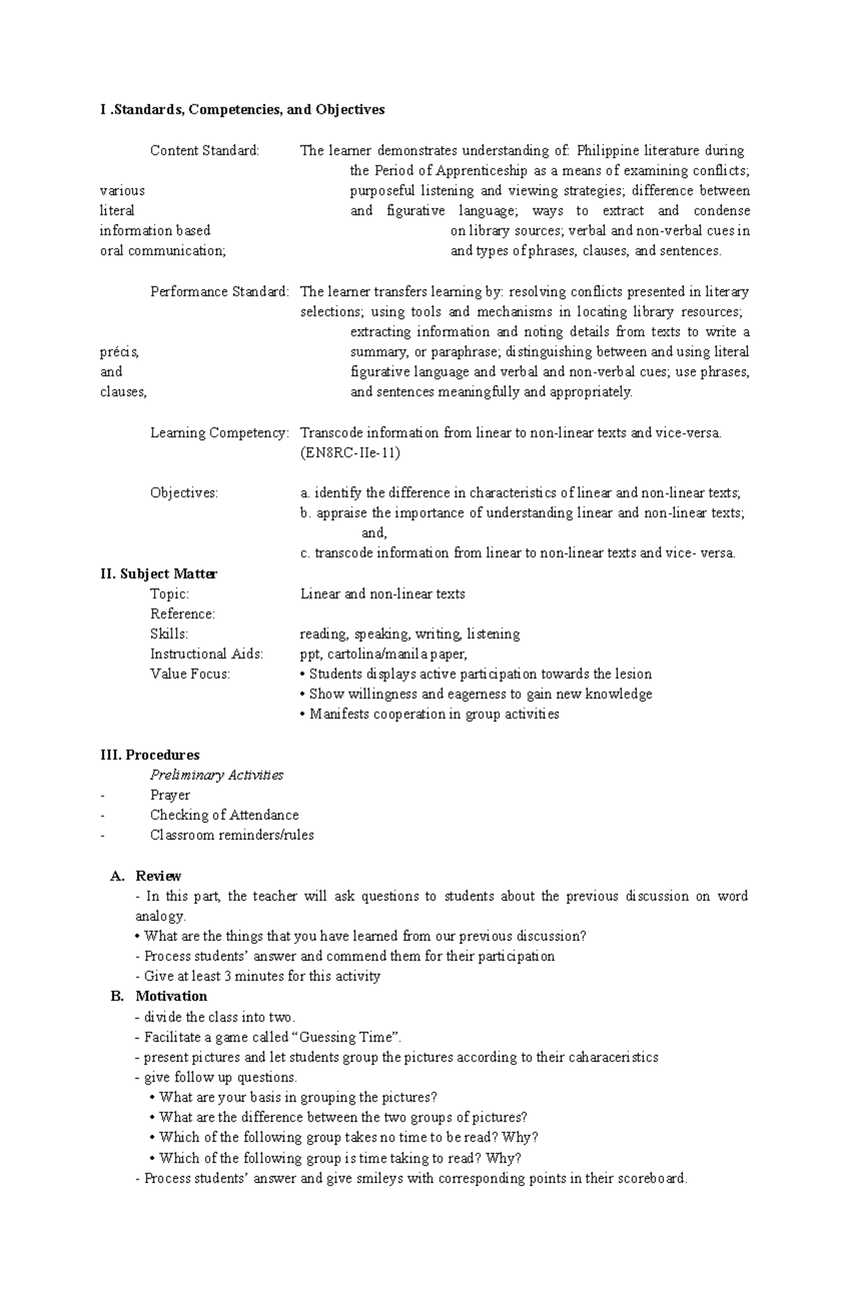 Lesson Plan ON TTL - I .Standards, Competencies, and Objectives Content ...