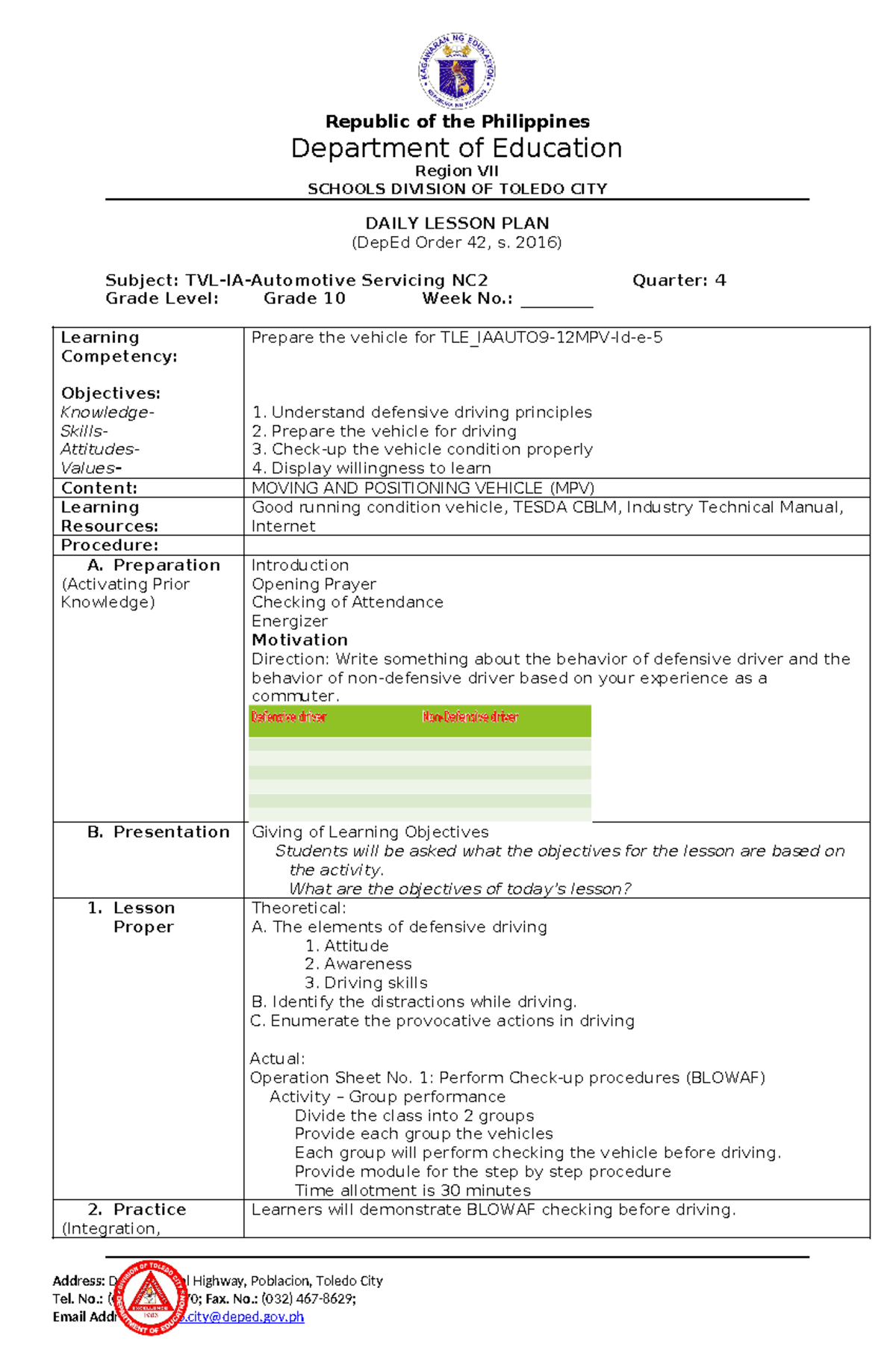 Budiongan Prototype Lesson Plan MPV - Republic of the Philippines ...