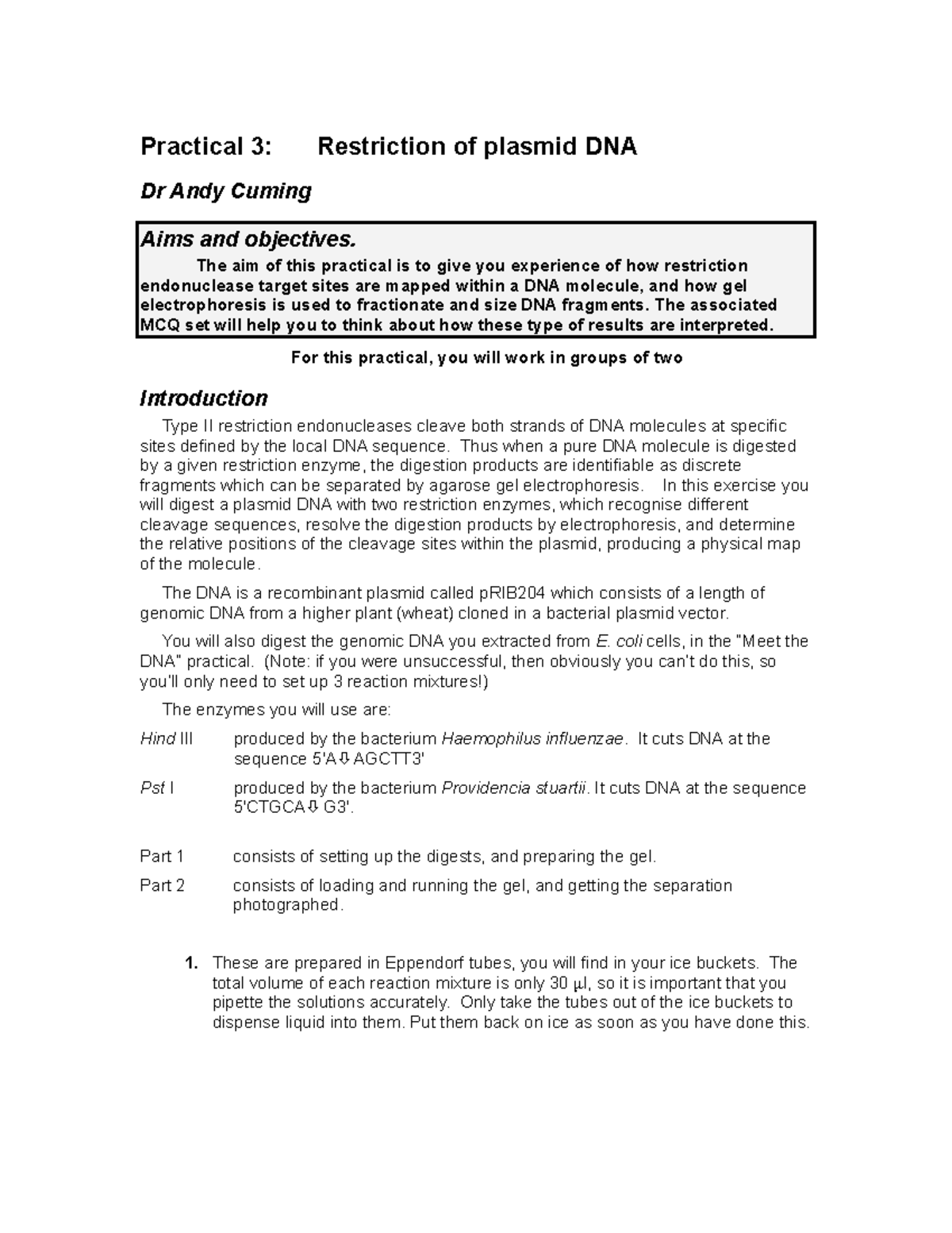 BLGY1234 Restriction digests 2017 - Practical 3: Restriction of plasmid ...