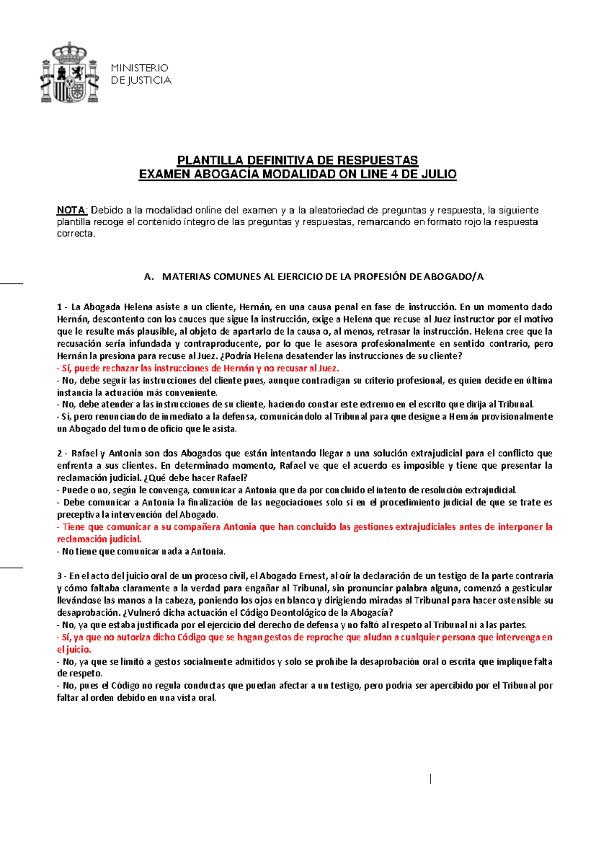 Examen - asda - MINISTERIO DE JUSTICIA PLANTILLA DEFINITIVA DE RESPUESTAS EXAMEN ABOGACÍA ...