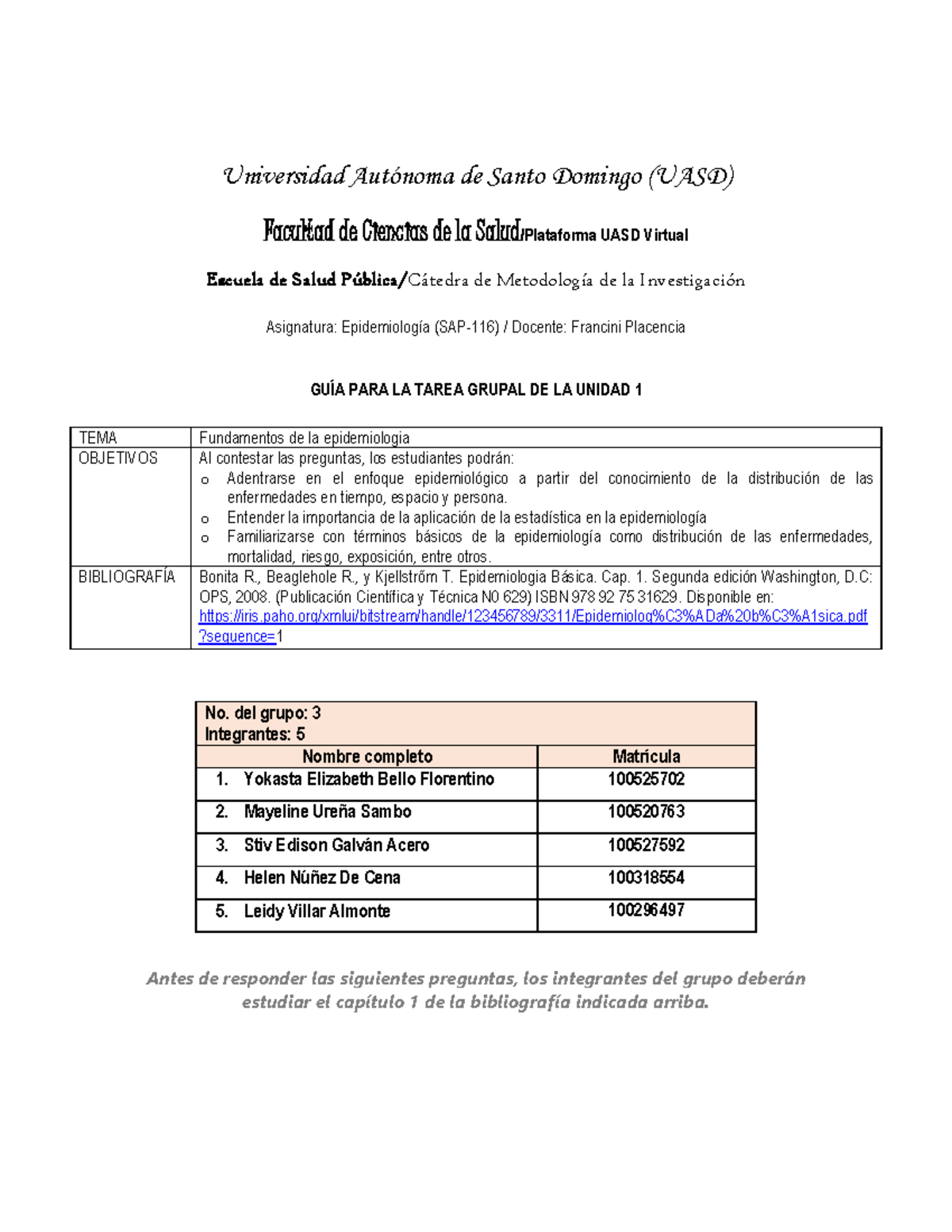 PDF Grupo 3 Tarea U1 - Adalberto Clase - Universidad Autónoma de Santo Domingo (UASD) Facultad ...