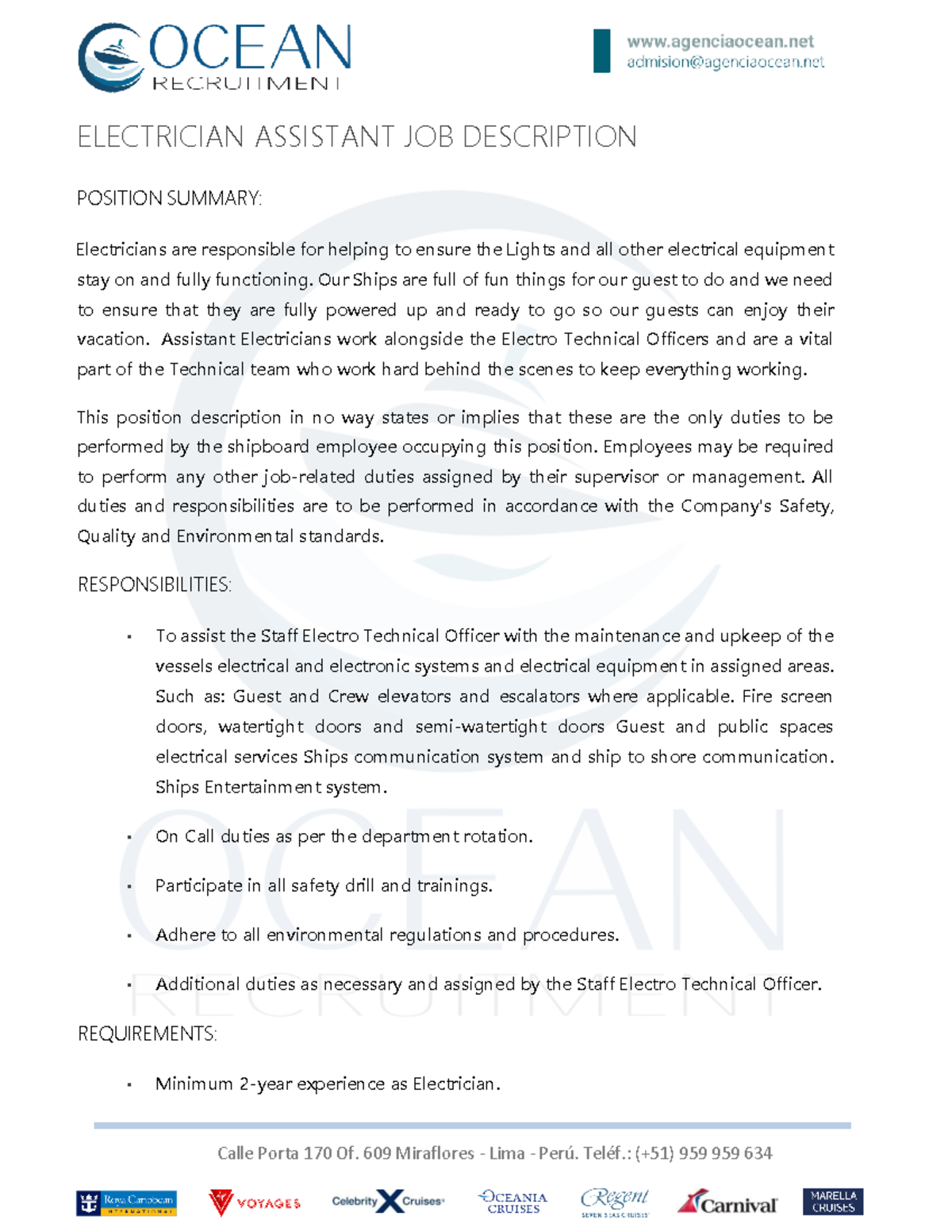 Elecritian Assistant JOB Description - Calle Porta 170 Of. 609 ...