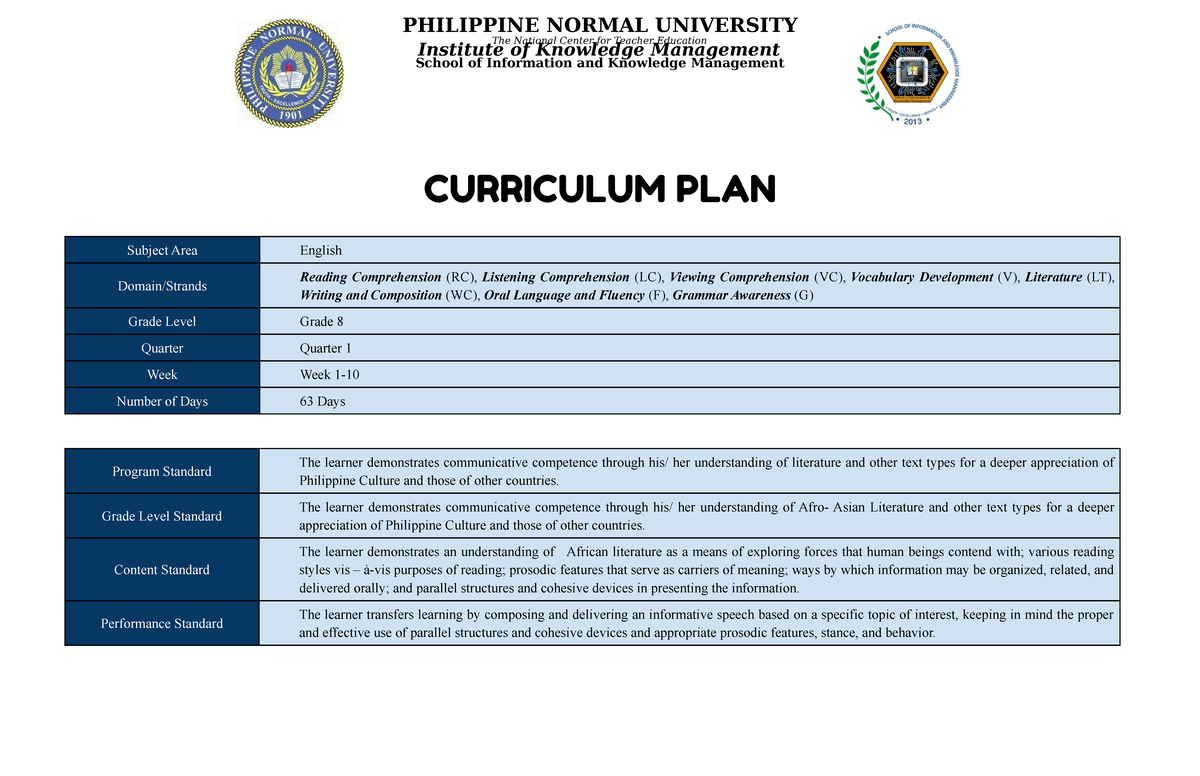Major Requirement #3 Curriculum Plan - CURRICULUM PLAN Subject Area ...