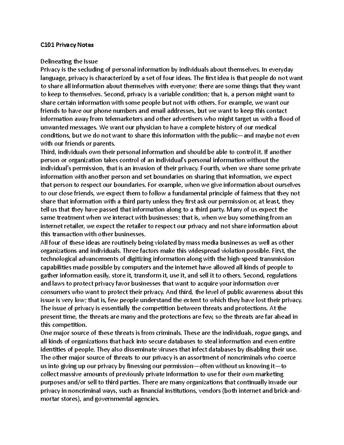 C101 Privacy Notes - C101 Privacy Notes Delineating the Issue Privacy ...