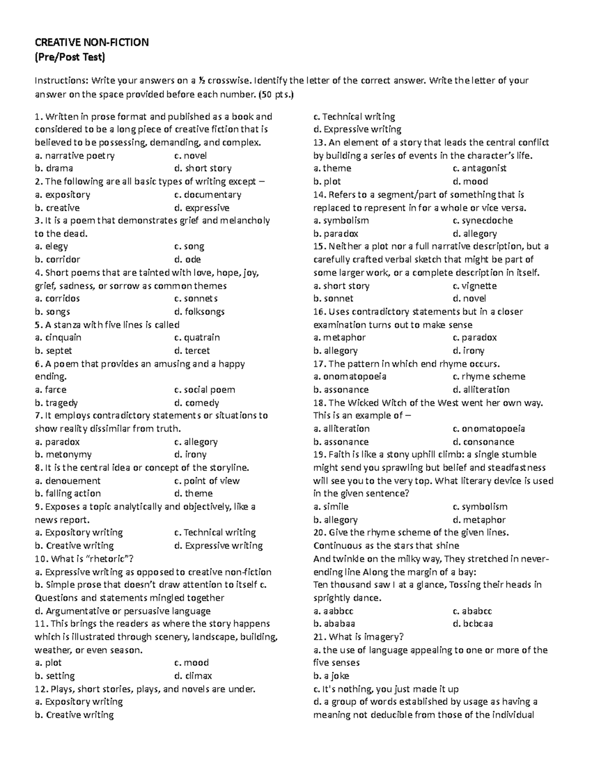 Diagnostic Test FIN - CREATIVE NON-FICTION (Pre/Post Test) Instructions ...