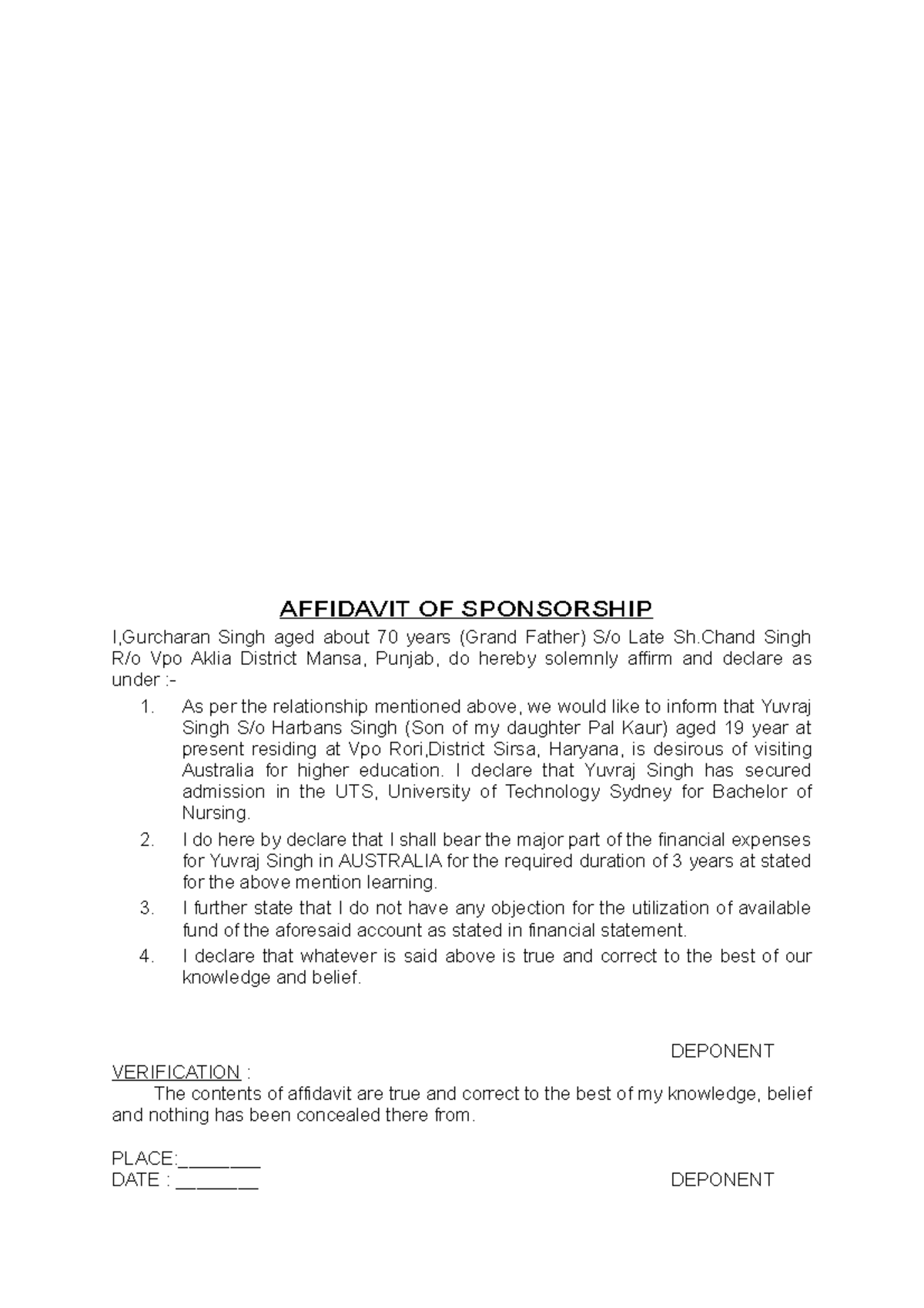 Affidavit Sponser - wdqfwq - AFFIDAVIT OF SPONSORSHIP I,Gurcharan Singh ...
