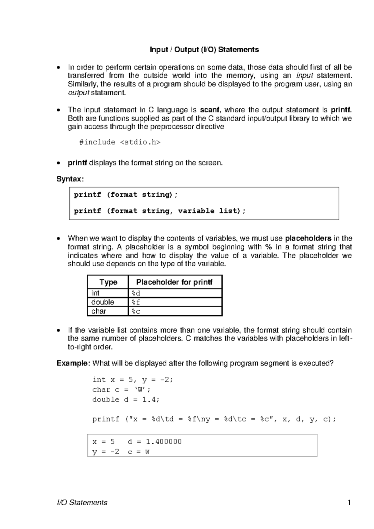 08 IOStatements - Lecture notes 8 - Input / Output (I/O) Statements In ...