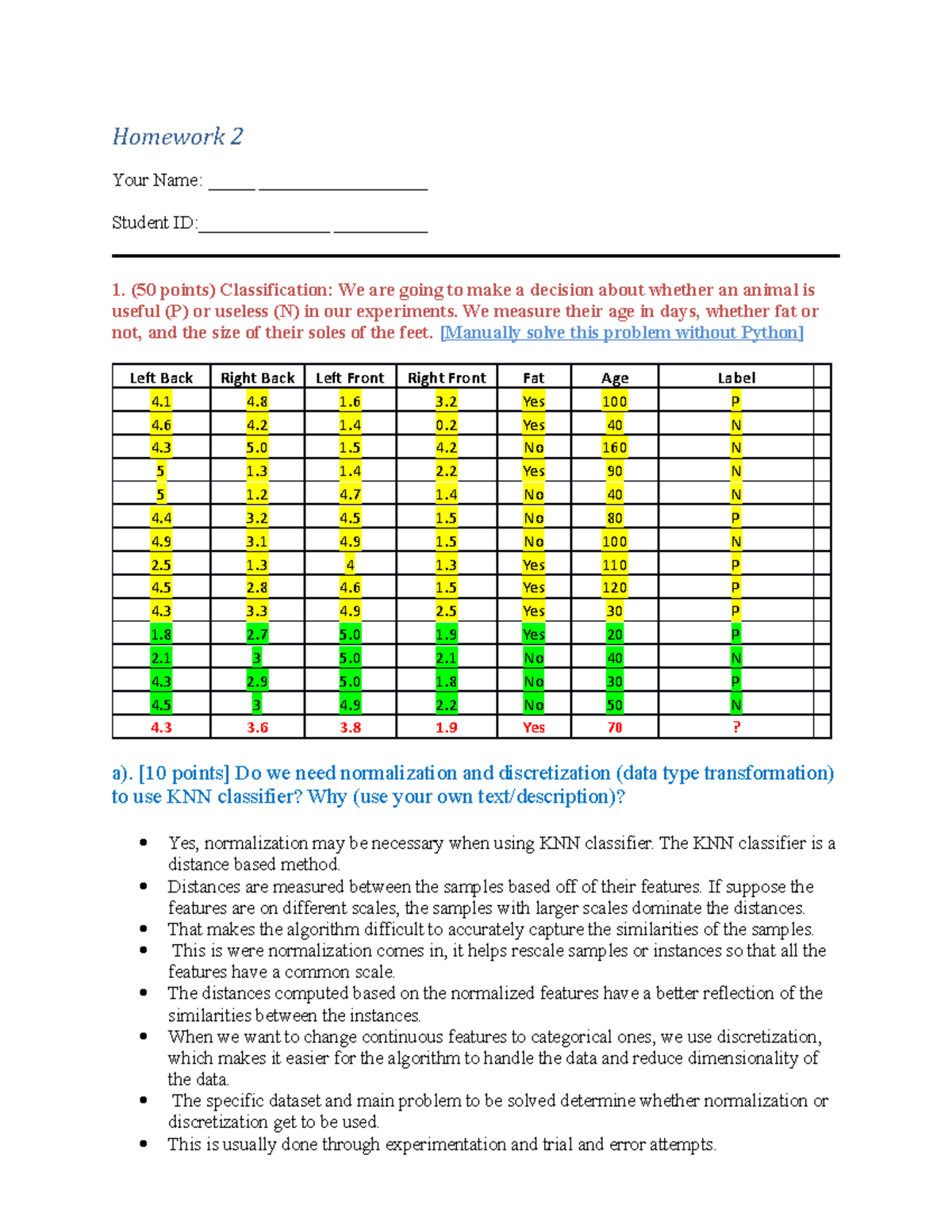 HW2- Knn Classification - Homework 2 Your Name: _____ __________________ Student ID ...