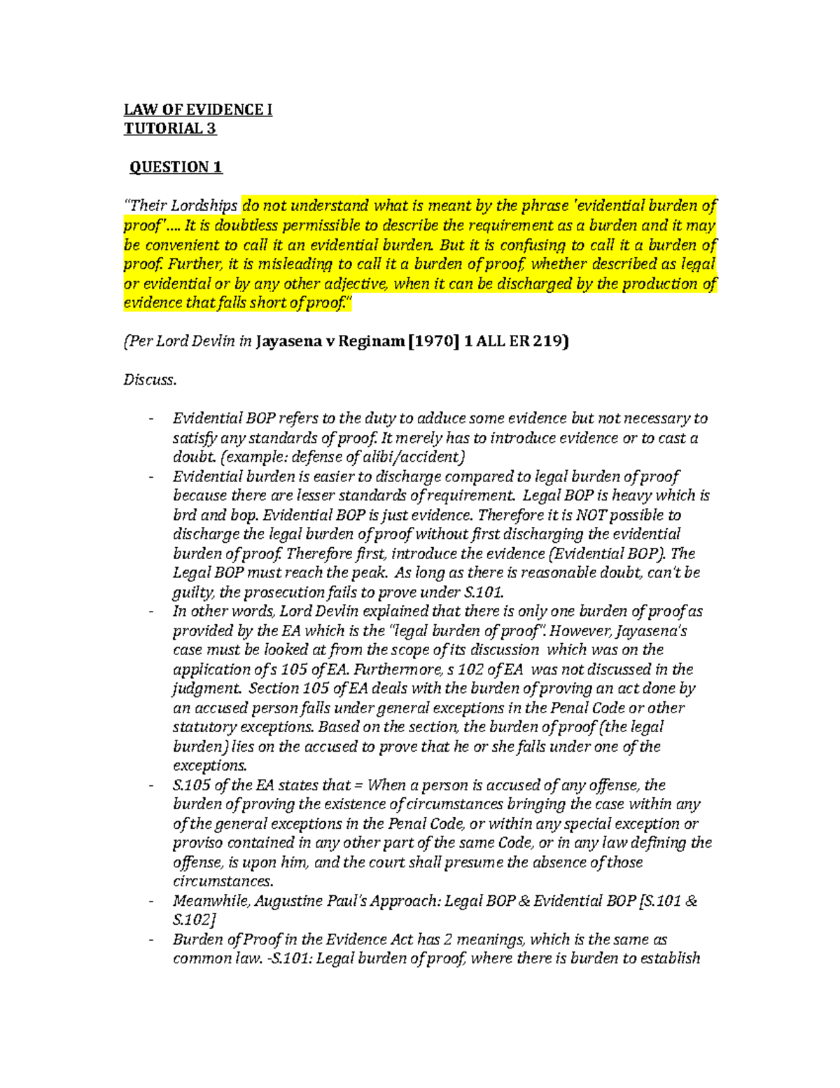 Tutorial 3 Week 4 Answer - LAW OF EVIDENCE I TUTORIAL 3 QUESTION 1 ...