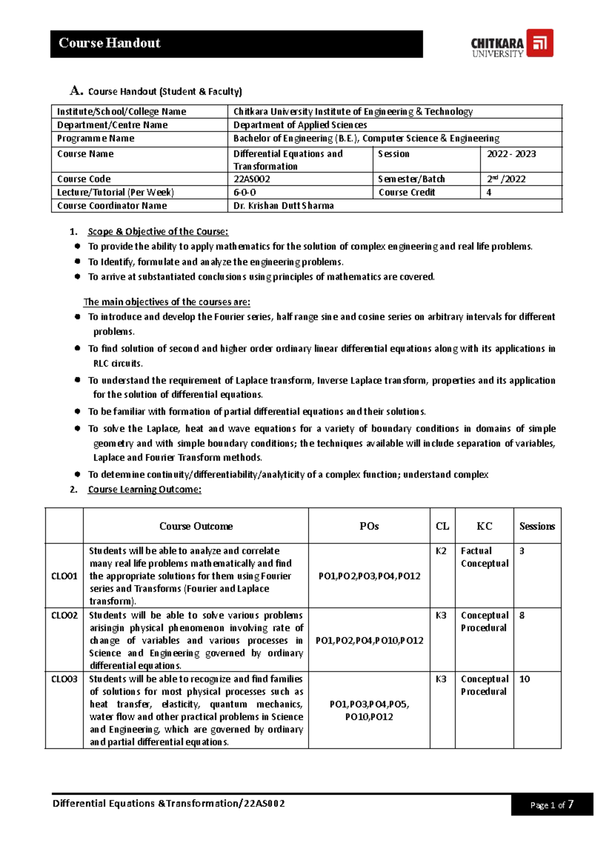 CHO DEn T - A. Course Handout (Student & Faculty) Scope & Objective of ...