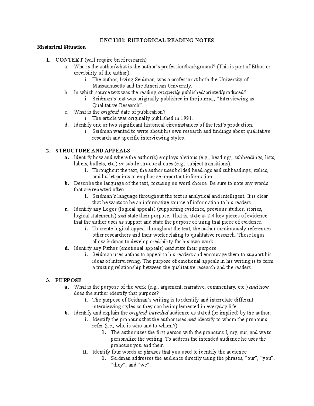 Seidman RRNs Sp 2017 - sideman rrn - ENC 1101: RHETORICAL READING NOTES ...