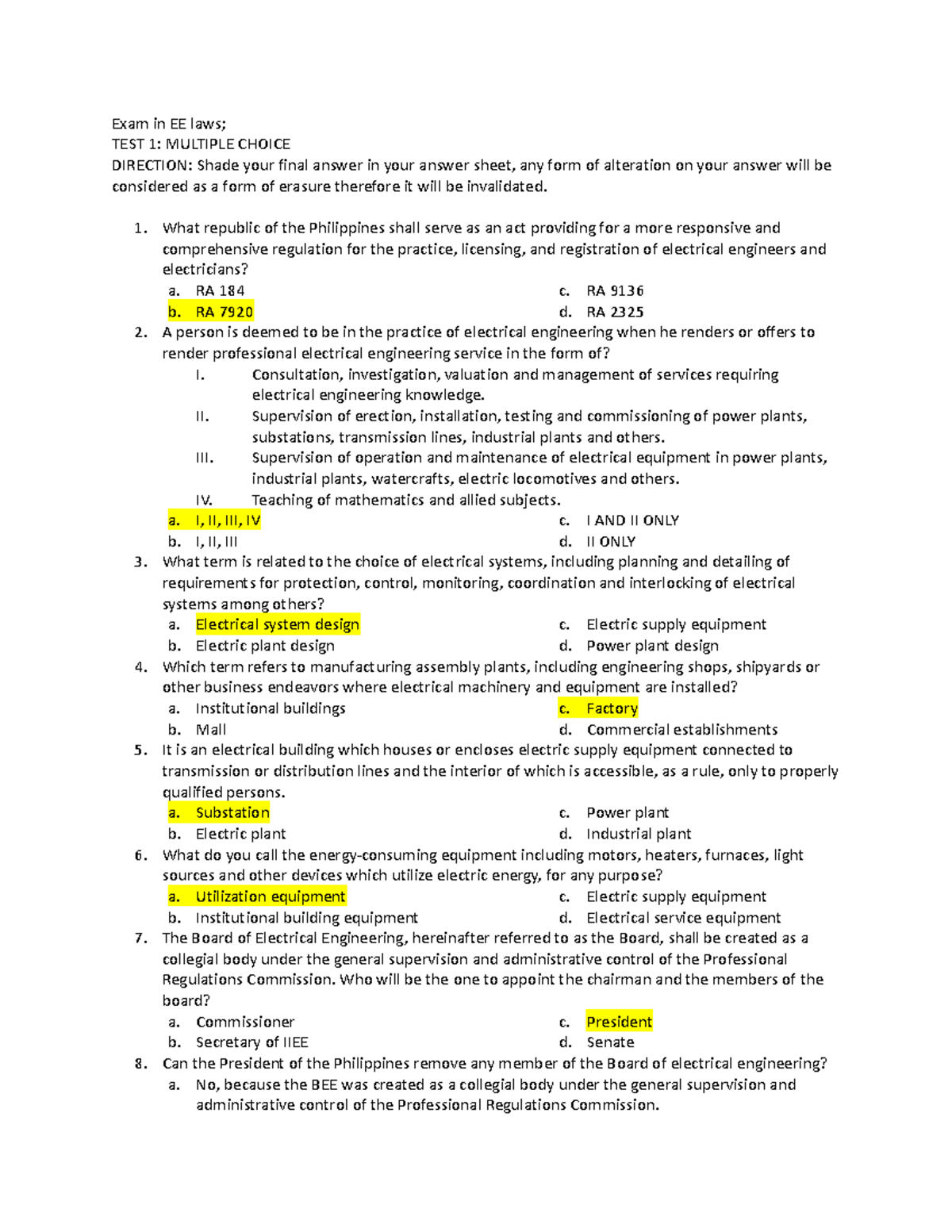 Exam in EE laws - N/A - Exam in EE laws; TEST 1: MULTIPLE CHOICE ...