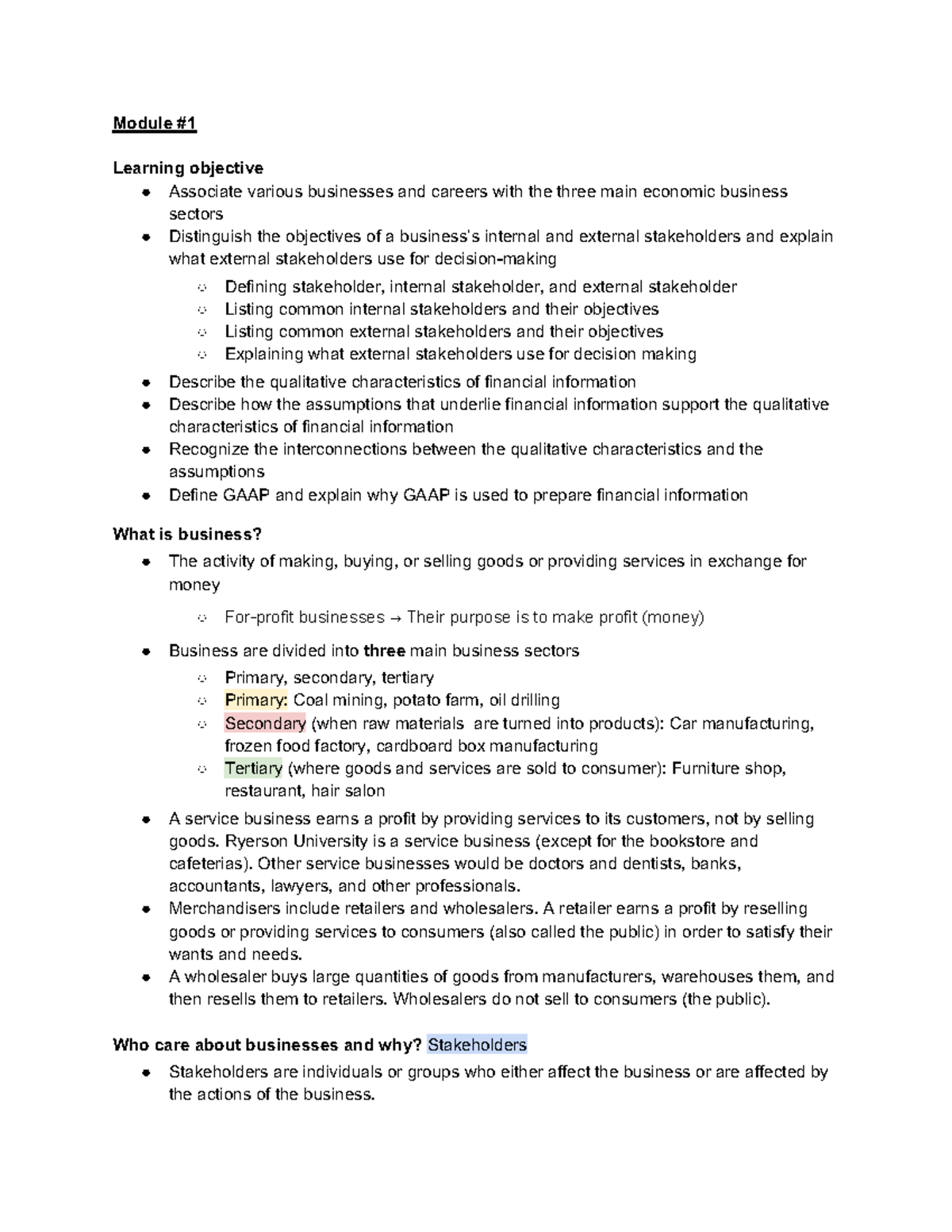 Module 1 - Module # Learning objective Associate various businesses and ...