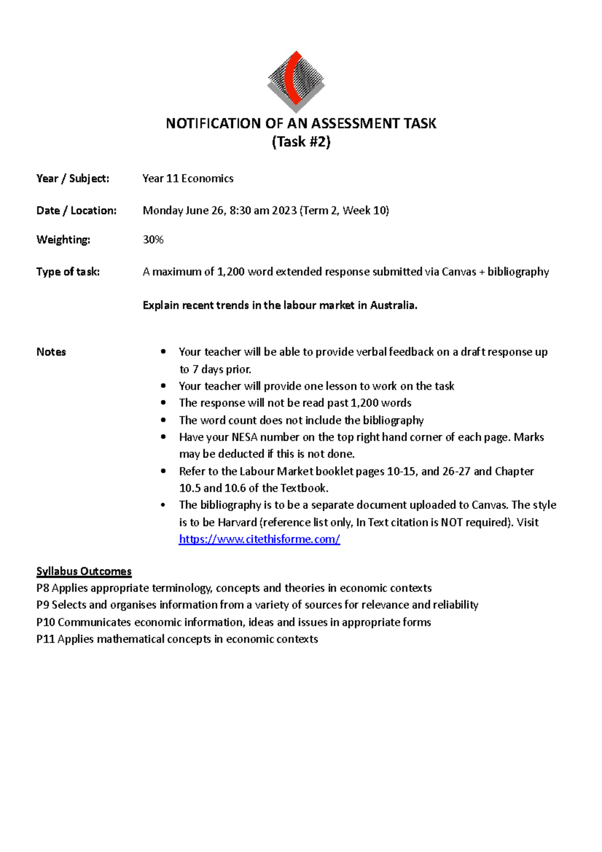 2023 Year 11 Economics Task 2 final - NOTIFICATION OF AN ASSESSMENT TASK (Task #2) Year ...