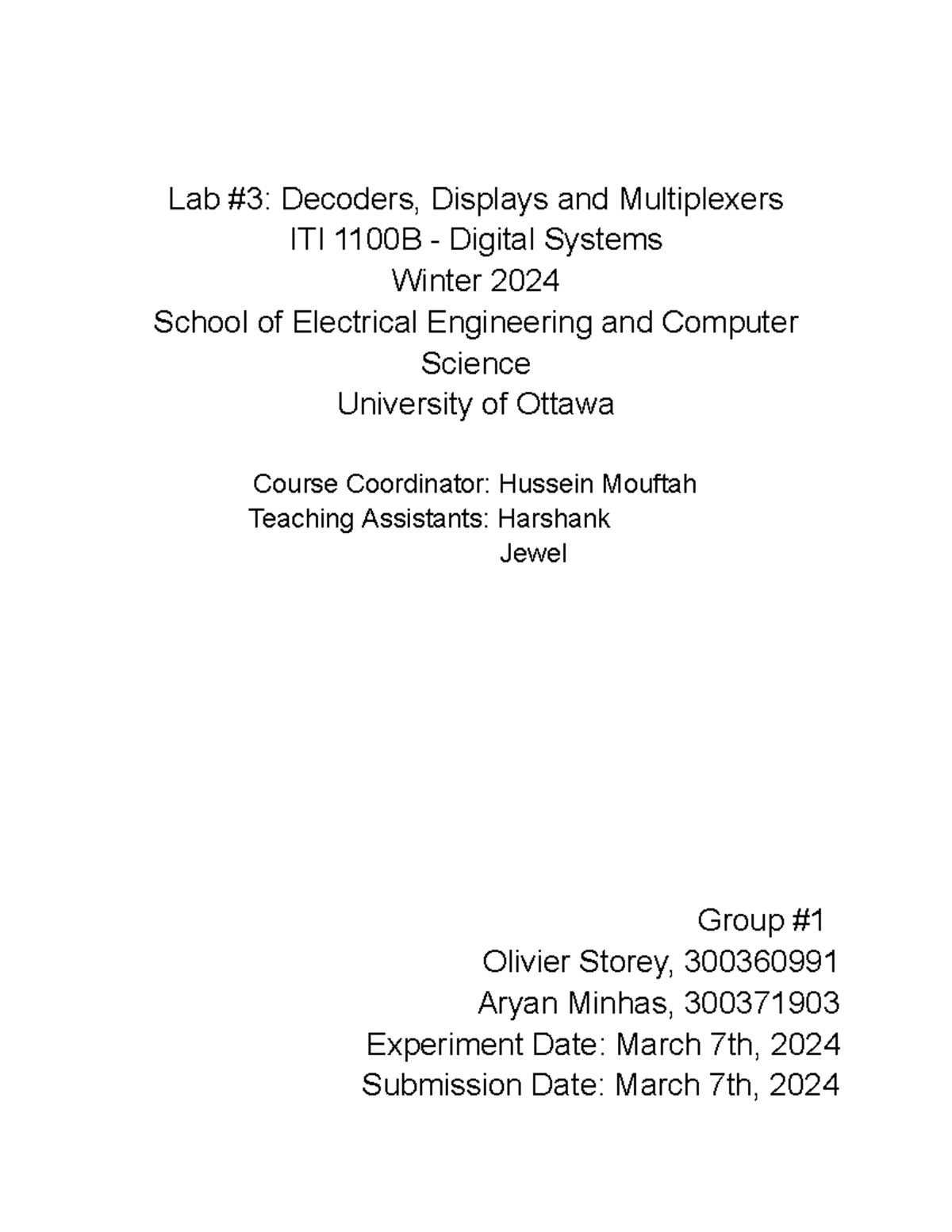 Lab 3 - Lab #3: Decoders, Displays and Multiplexers ITI 1100B - Digital ...