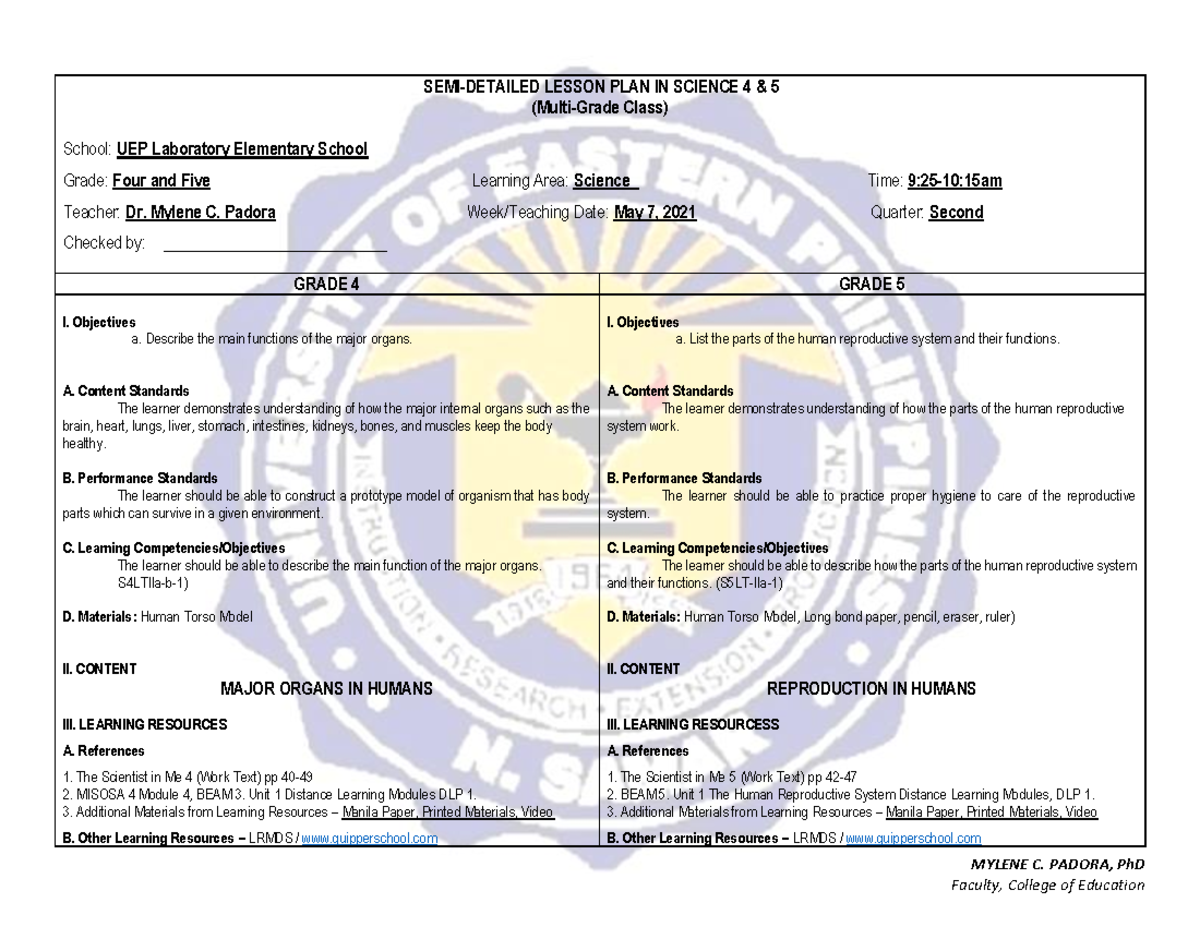 Sample Multi Grade Lesson PLAN Semi Detailed - MYLENE C. PADORA, PhD ...