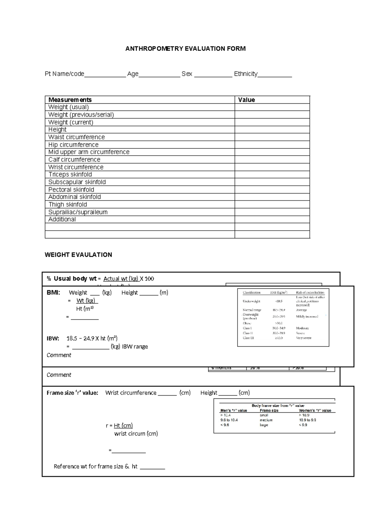Calculations & evaluation - ANTHROPOMETRY EVALUATION FORM Pt Name/code ...