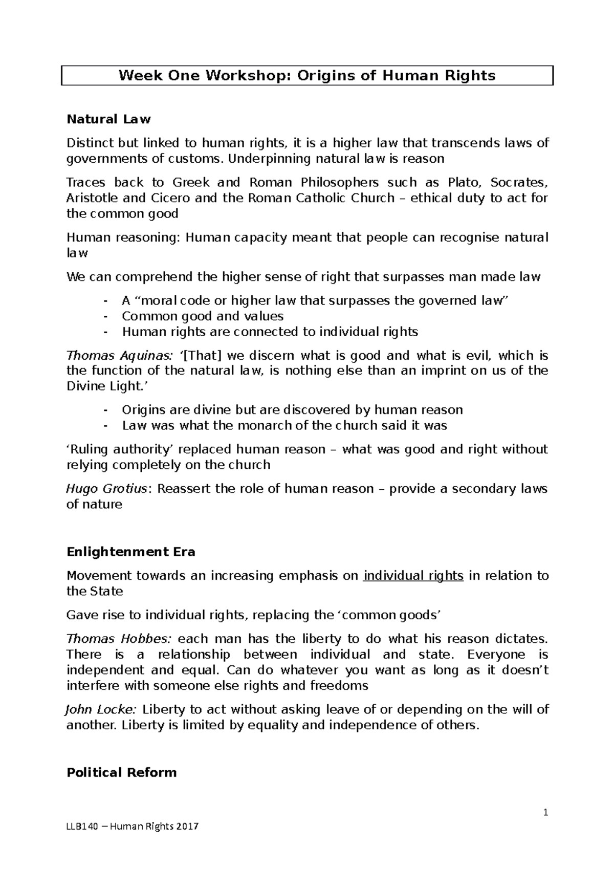 Human Rights Notes 2017 - Week One Workshop: Origins of Human Rights ...