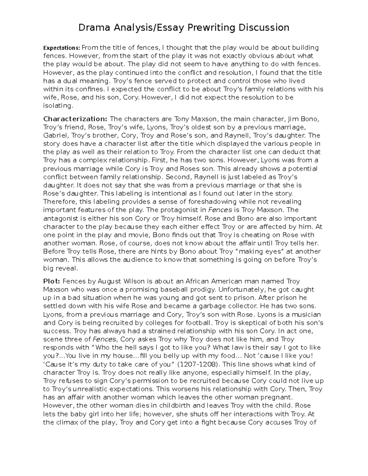 Fences analysis prewriting - Drama Analysis/Essay Prewriting Discussion ...