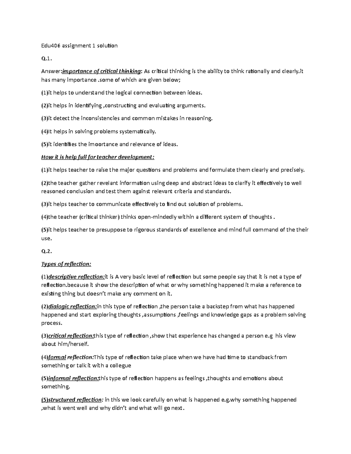 Edu406done - Jkjvjkvb - Edu406 assignment 1 solution Q. Answer ...