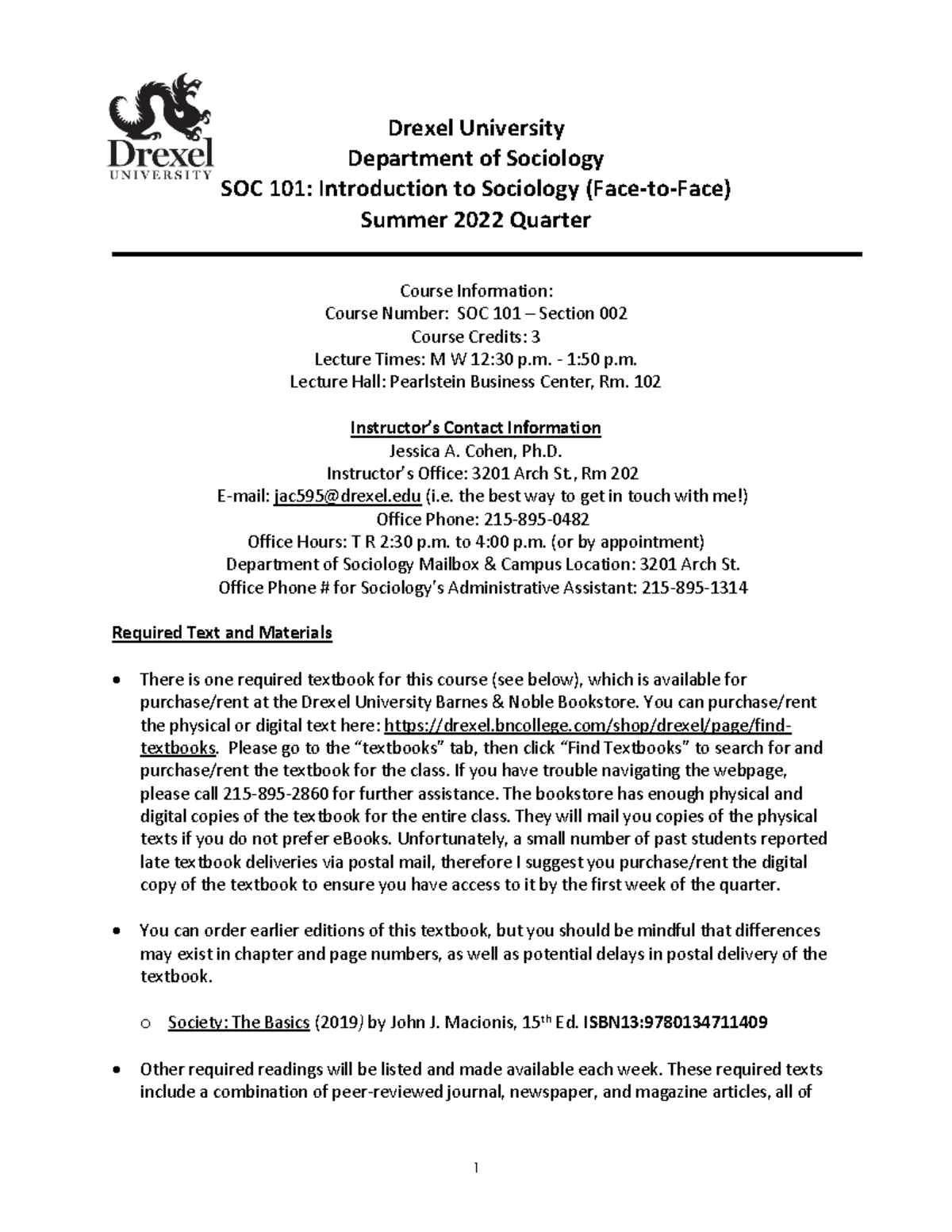 SOC101 Syllabus - Drexel University Department of Sociology SOC 101: Introduction to Sociology ...